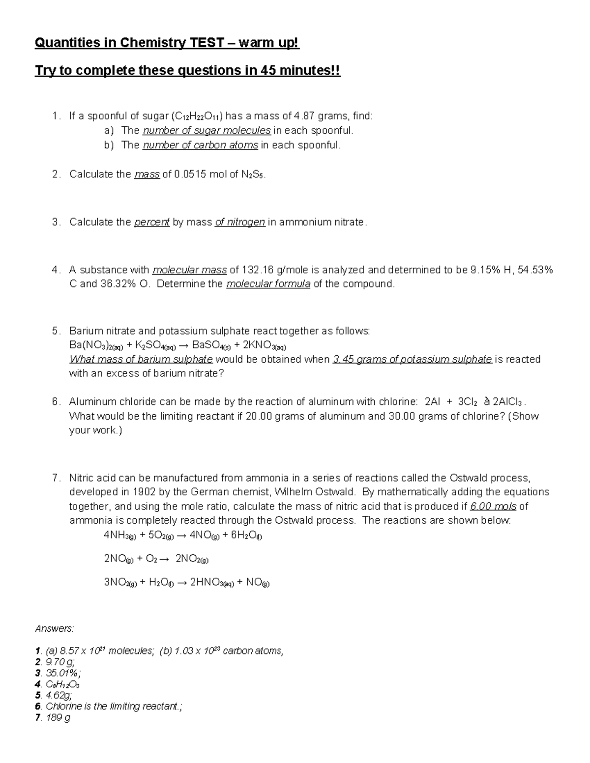 Quantities in Chemistry TEST Review: Warm-Up Questions and Solutions ...