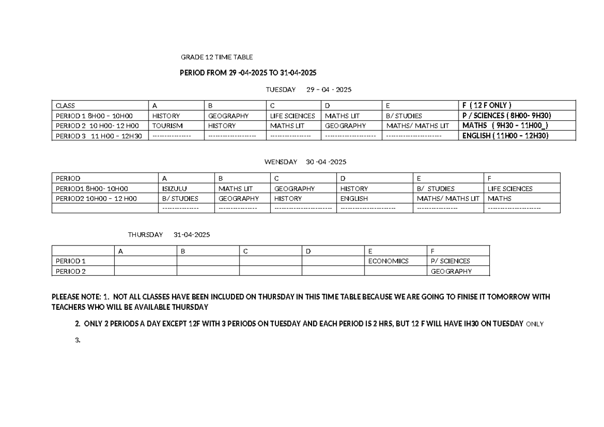 Grade 12 Time Table for April Holiday Classes (29-30 April 2025) - Studocu