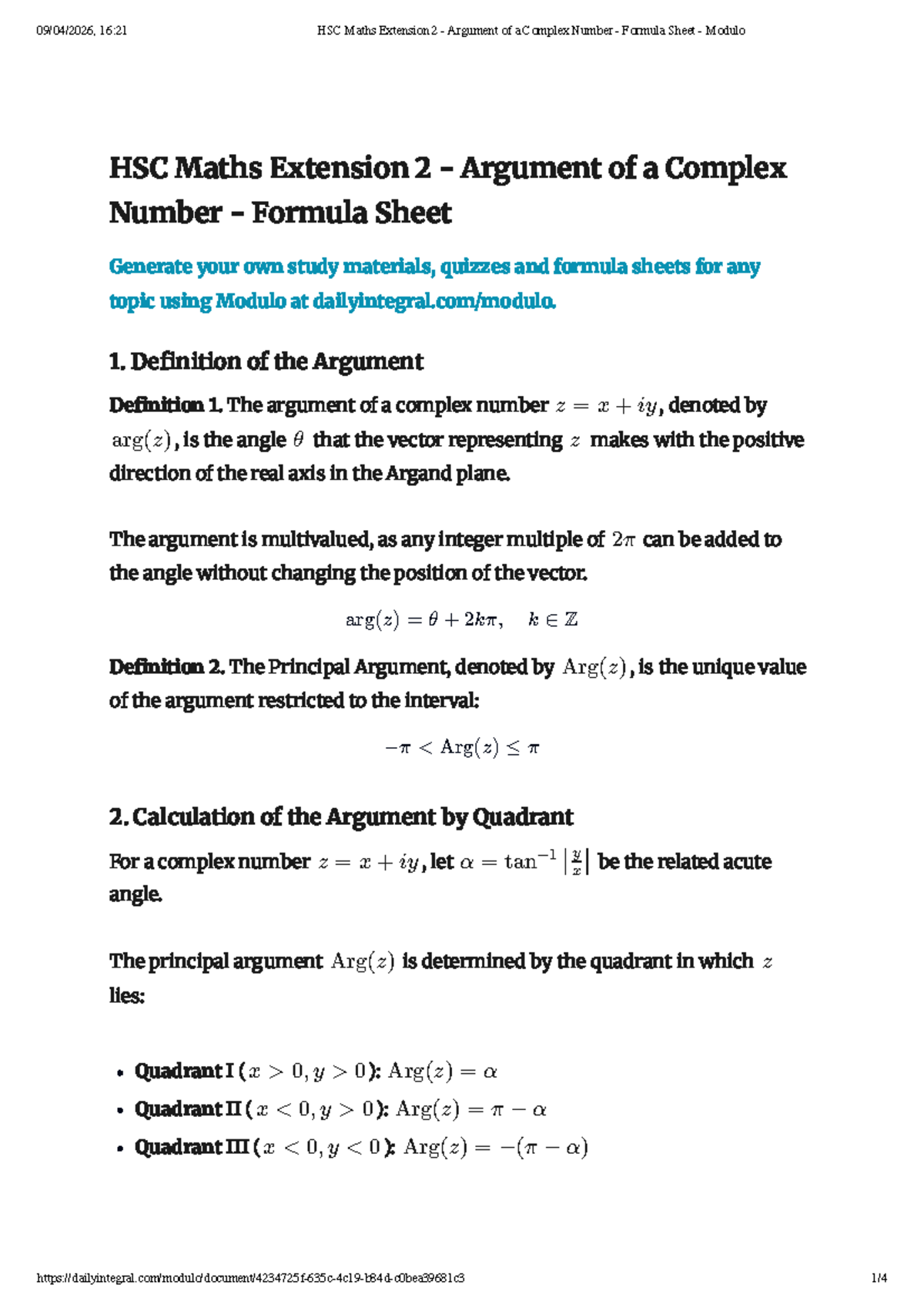 HSC Maths Extension 2: Argument of a Complex Number Formula Sheet - Studocu