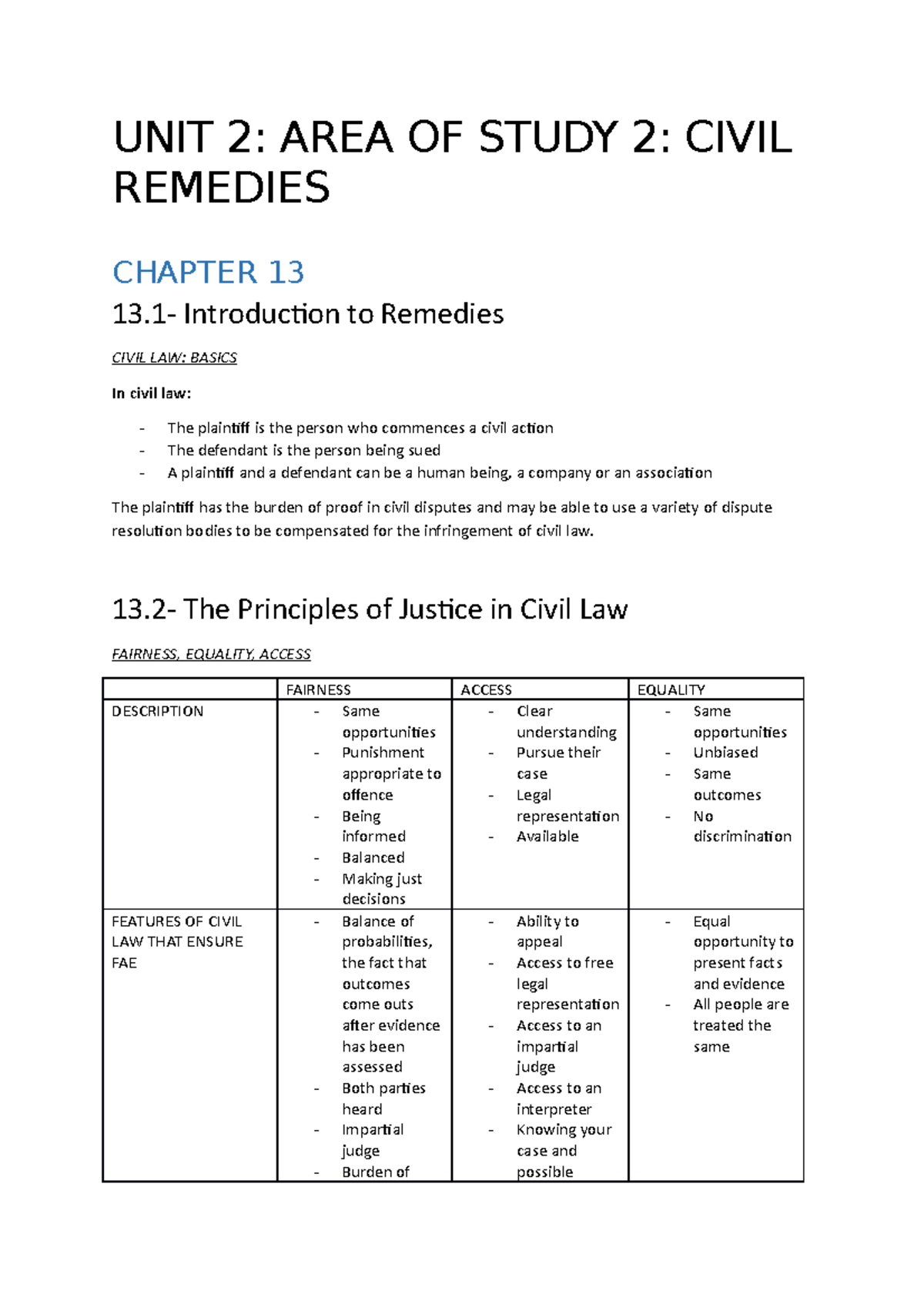 AOS 2 notes - UNIT 2: AREA OF STUDY 2: CIVIL REMEDIES CHAPTER 13 13 ...