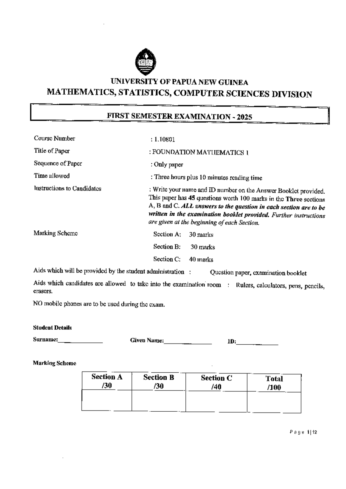 1.10801 Foundation Mathematics 1 Final Exam 2025 - Studocu