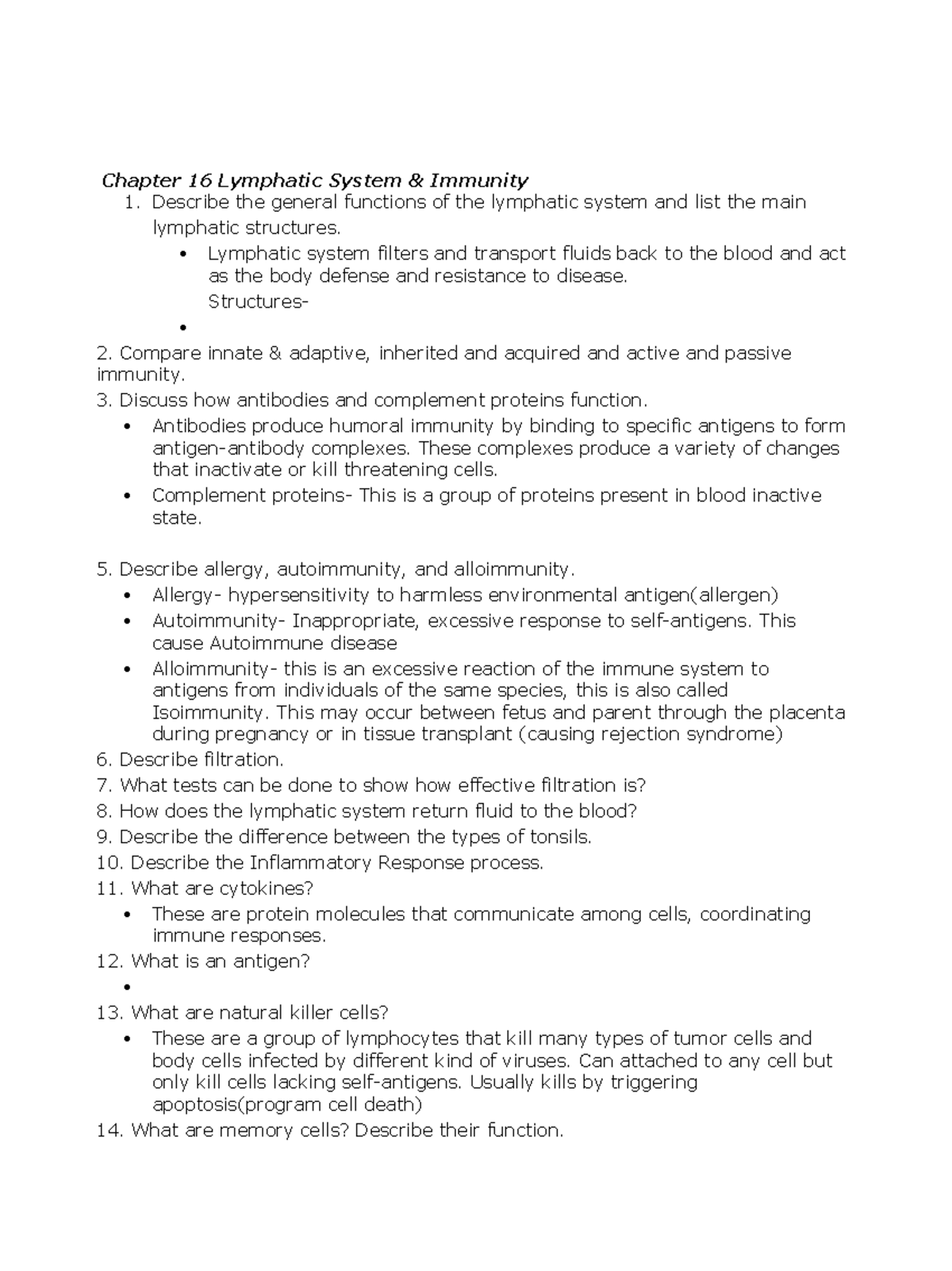 Chapter 16: Lymphatic System & Immunity Overview & Key Concepts - Studocu