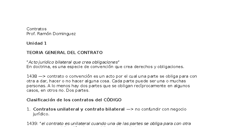 Civil 5: Teoría General del Contrato Bilateral - Unidad 1 - Studocu