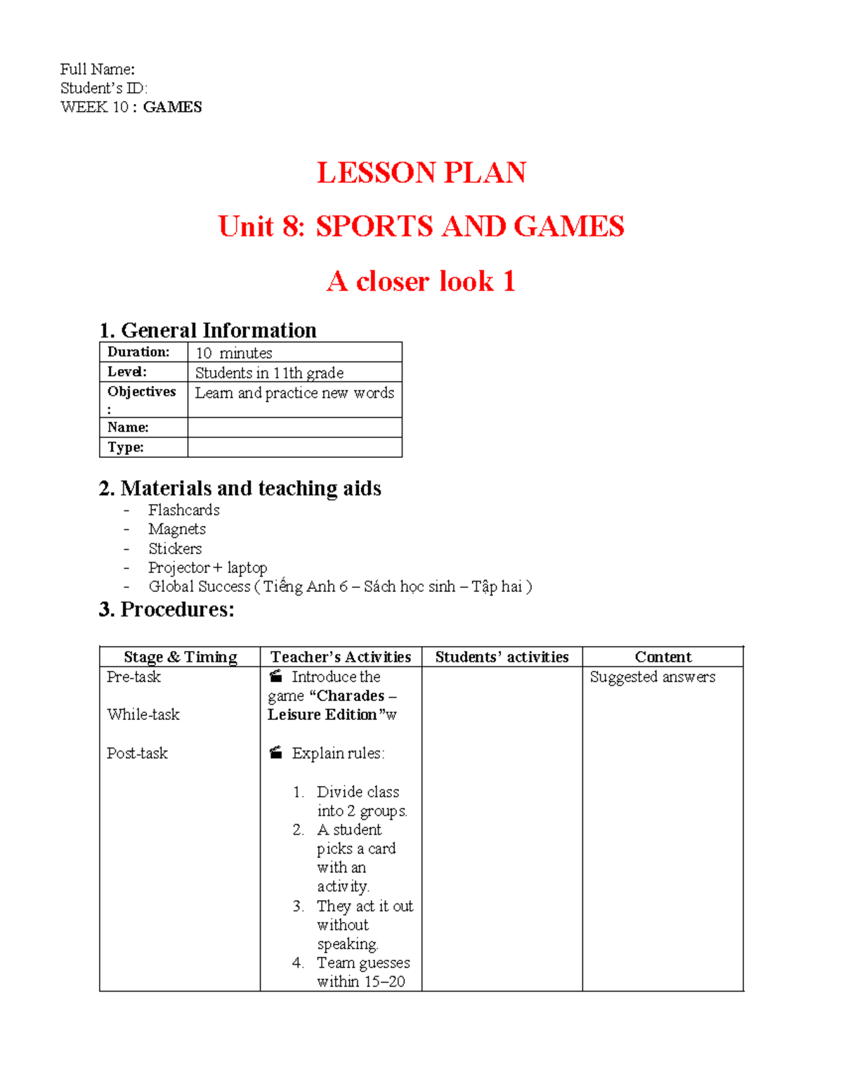 WEEK 10: GAMES LESSON PLAN (Unit 8: SPORTS & GAMES) - Studocu