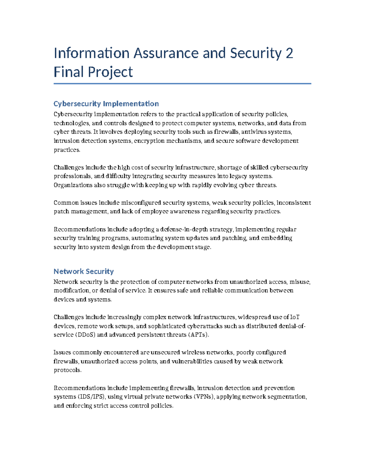 Information Assurance and Security 2 Final Project: Cybersecurity ...