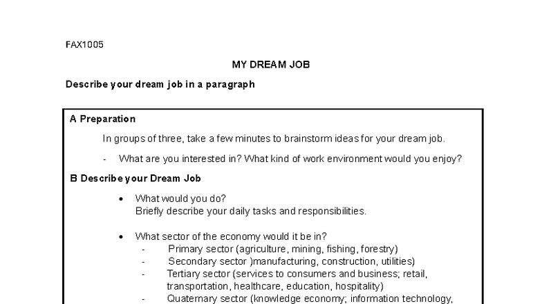 FAX1005 - My Dream Job: Exploring Ideal Career Paths - Studocu