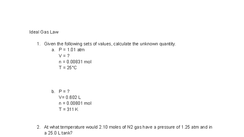 Chemistry 20 - Unit B - Ideal Gas Law Review Questions - Studocu