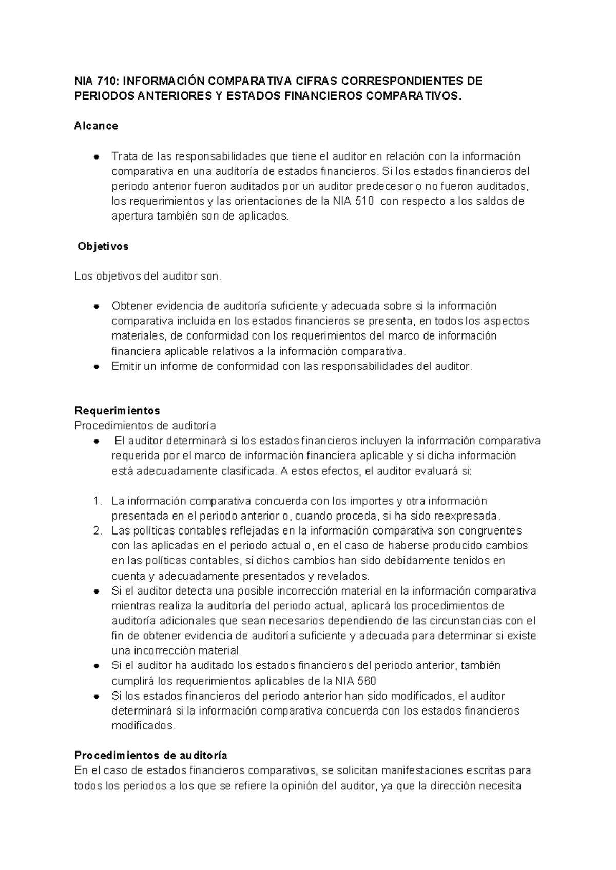 NIA 710 Y NIA 720 - Normas de Auditoría: Información Comparativa - Studocu