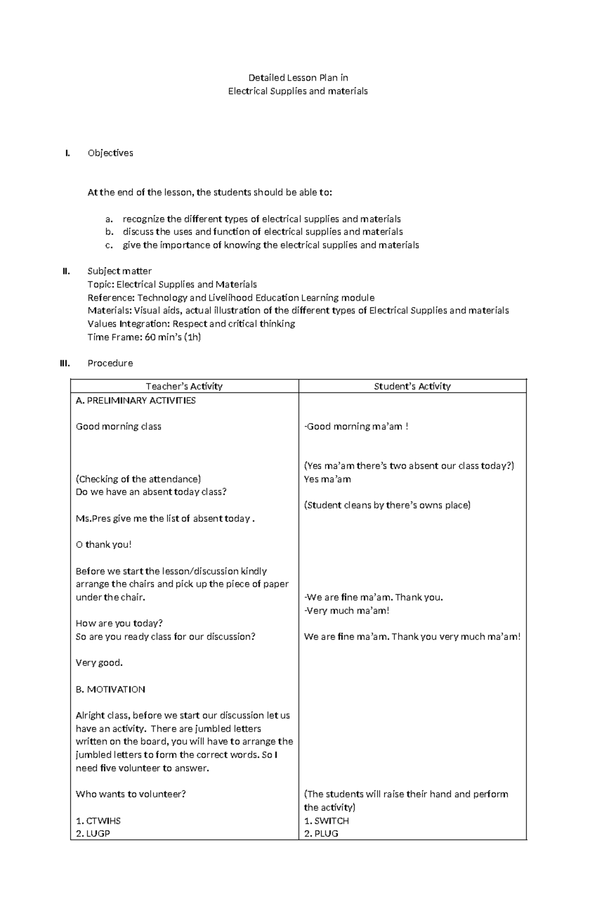 Detailed Lesson Plan: Electrical Supplies & Materials (3A ELECTRICAL ...
