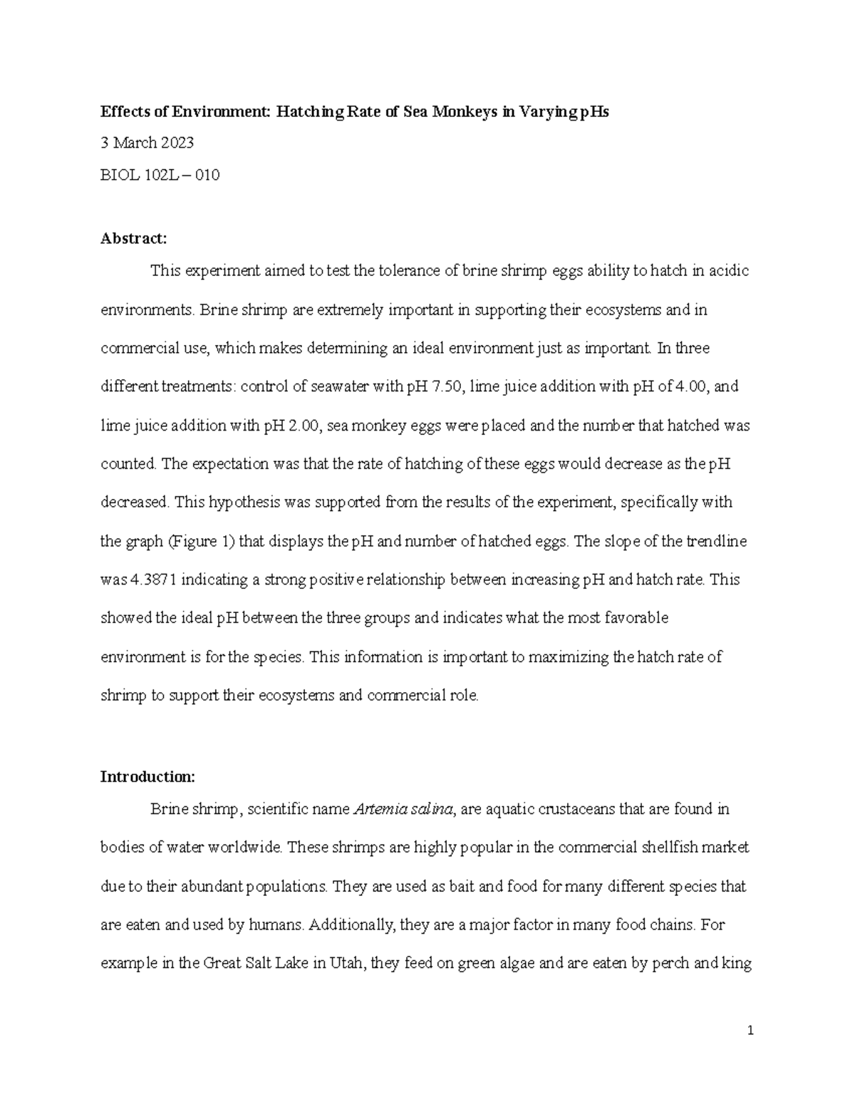 BIOL 102L: Brine Shrimp Hatching Rate in Varying pH Lab Report - Studocu