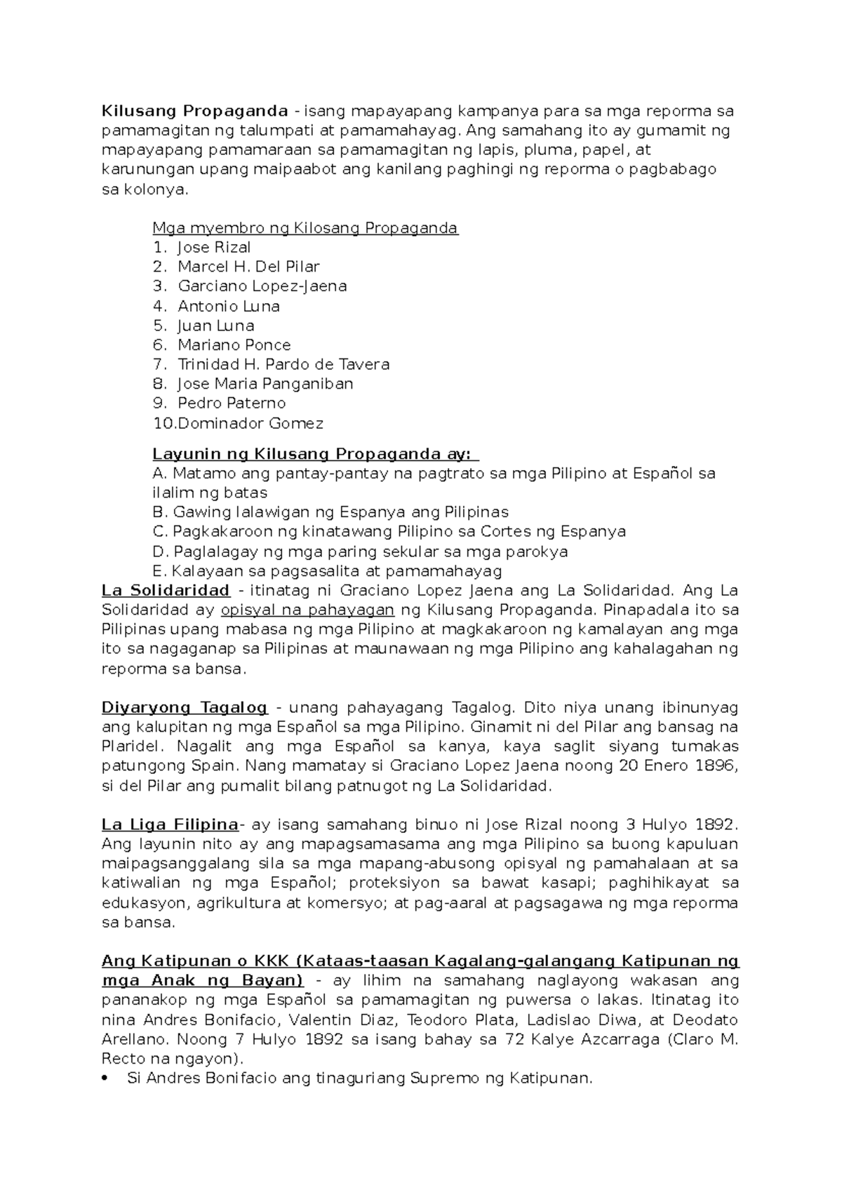 Kilusang Propaganda: Revolusyonaryong Pahayag at Reporma - Studocu