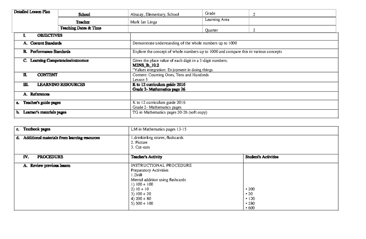 DLP-Math Lesson Plan for Whole Numbers (Grade 2) - M2NS_lb_10 - Studocu