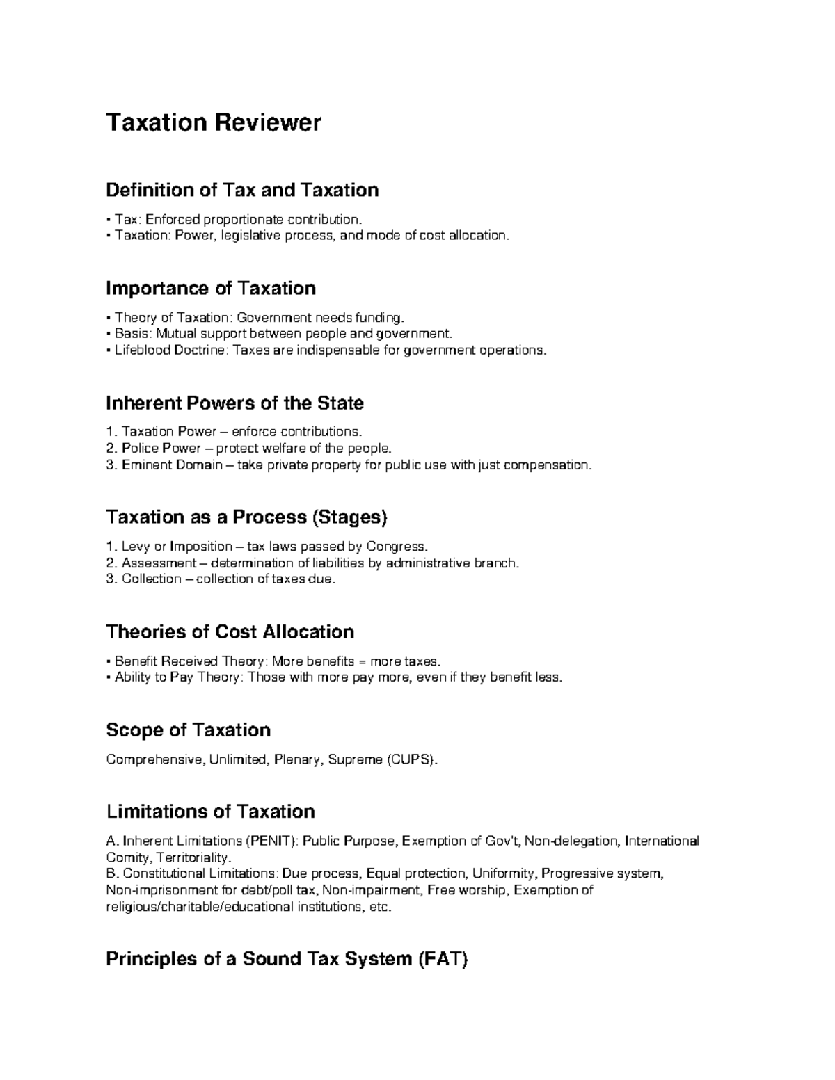 Taxation Reviewer: Key Concepts and Theories of Taxation - Studocu