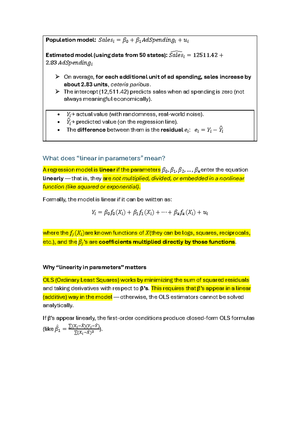 Population Model: Linearity in Regression Analysis (Course Code: 12511.42) - Studocu