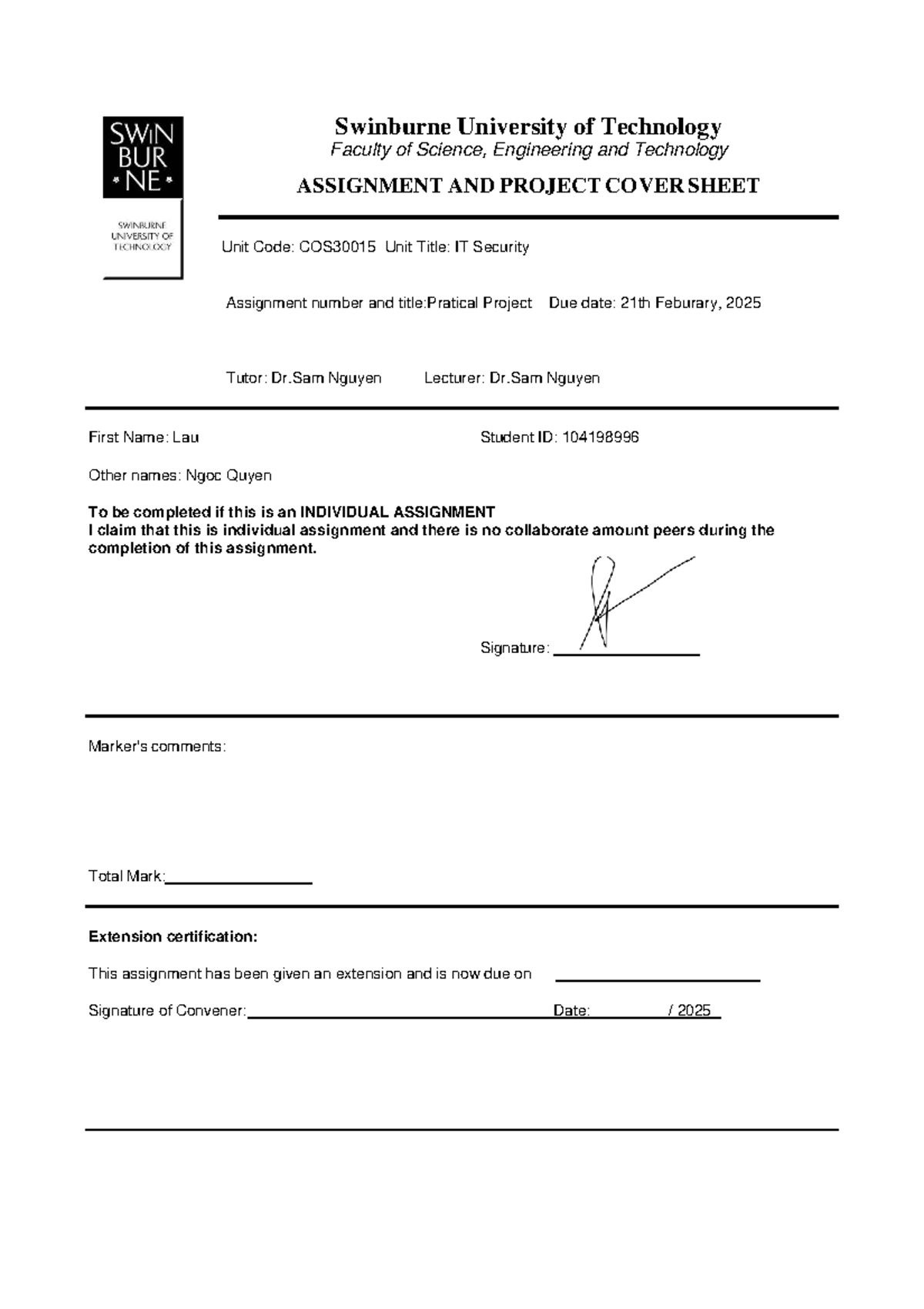 COS30015 IT Security Assignment Cover Sheet - Practical Project - Studocu