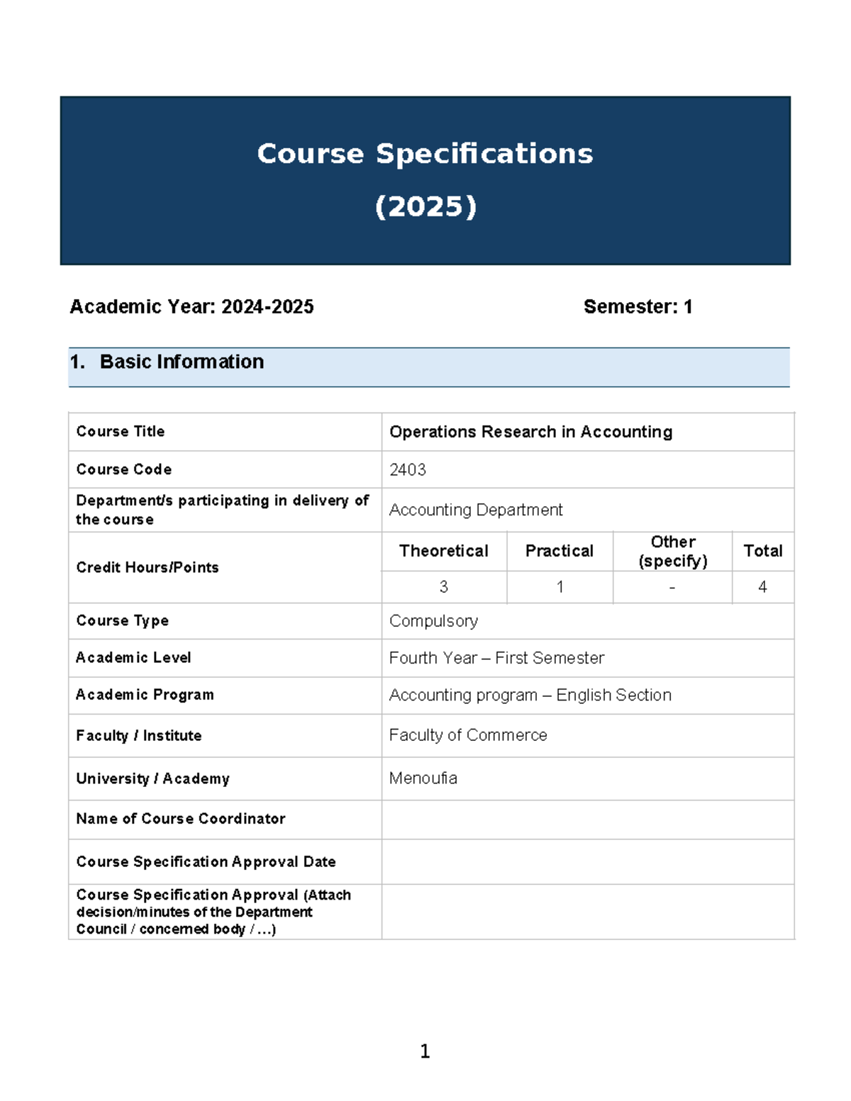 Course Specifications for Operations Research in Accounting (2403) - Studocu