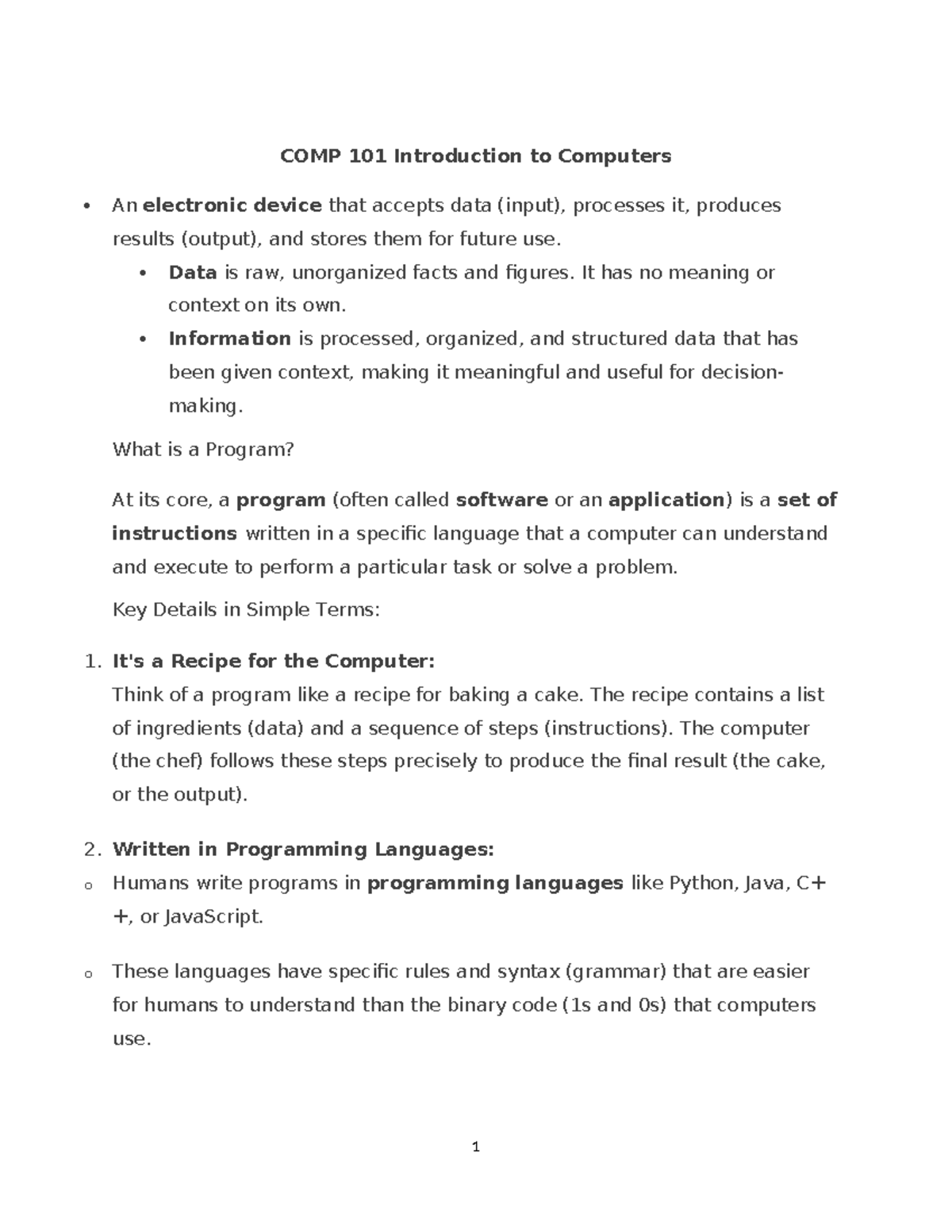 COMP 101 Lecture Notes: Introduction to Computers and Software - Studocu