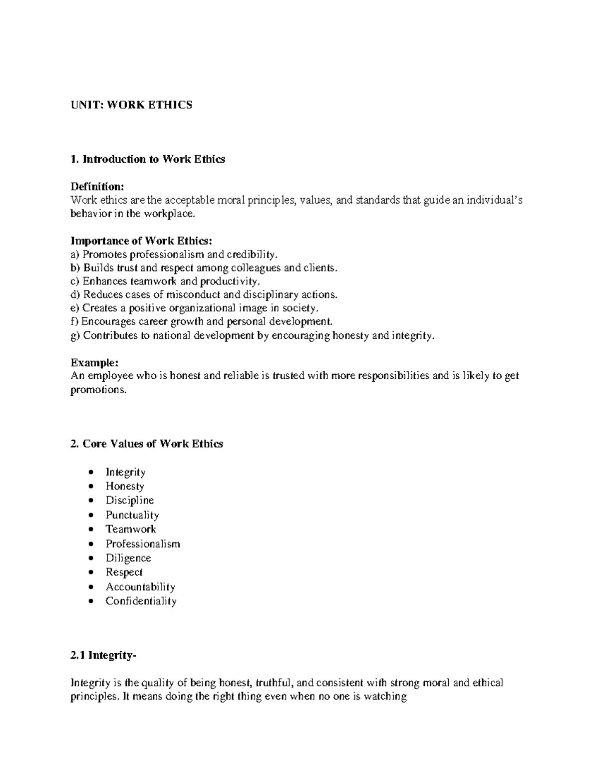 UNIT: WORK ETHICS - Comprehensive Lecture Notes for Students - Studocu