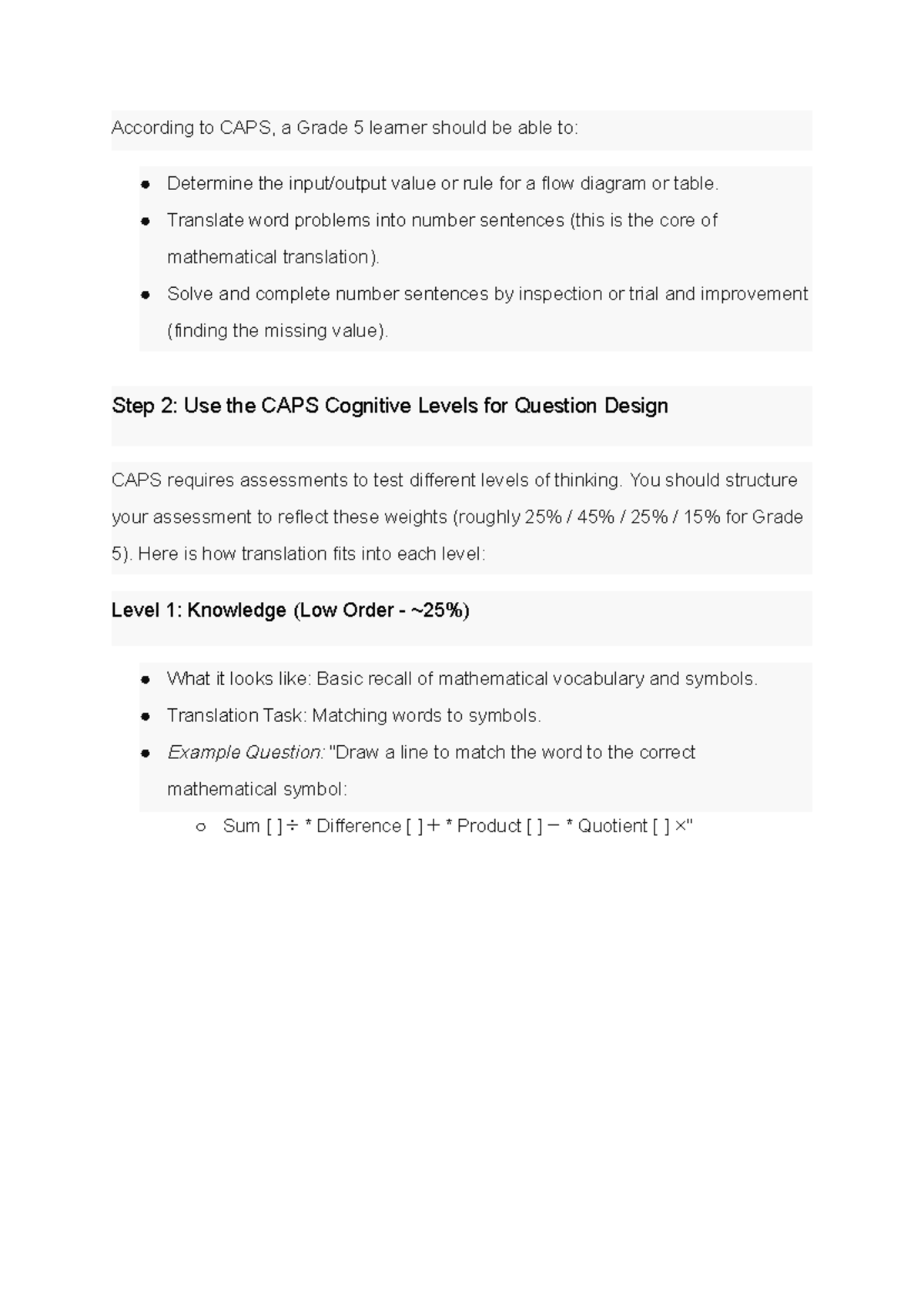 Grade 5 Math Translation: CAPS Guidelines for Assessments - Studocu