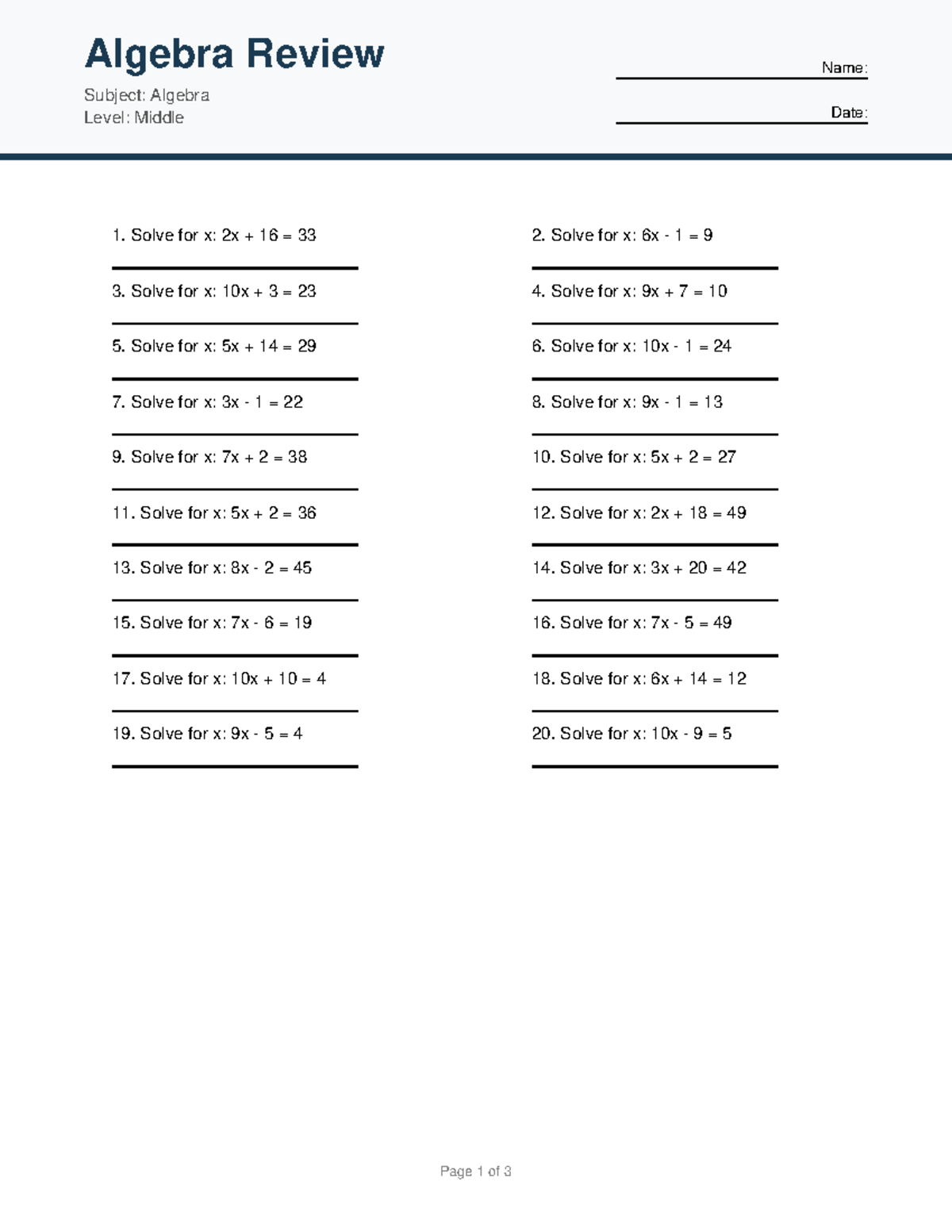 Algebra Review (Level: Middle) - Problem Set & Answer Key - Studocu