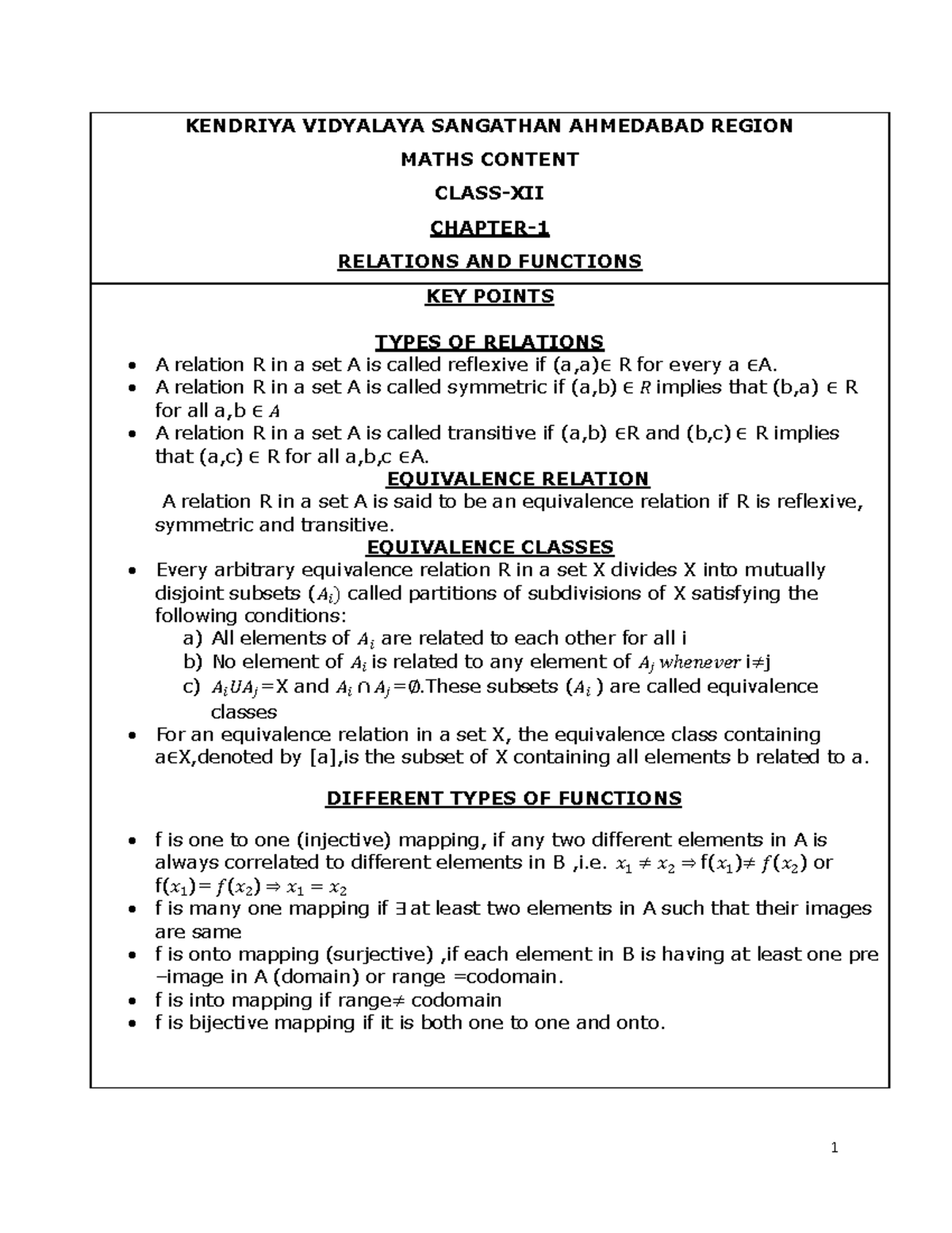 Mathematics Notes on Relations & Functions (MATH101) - Studocu