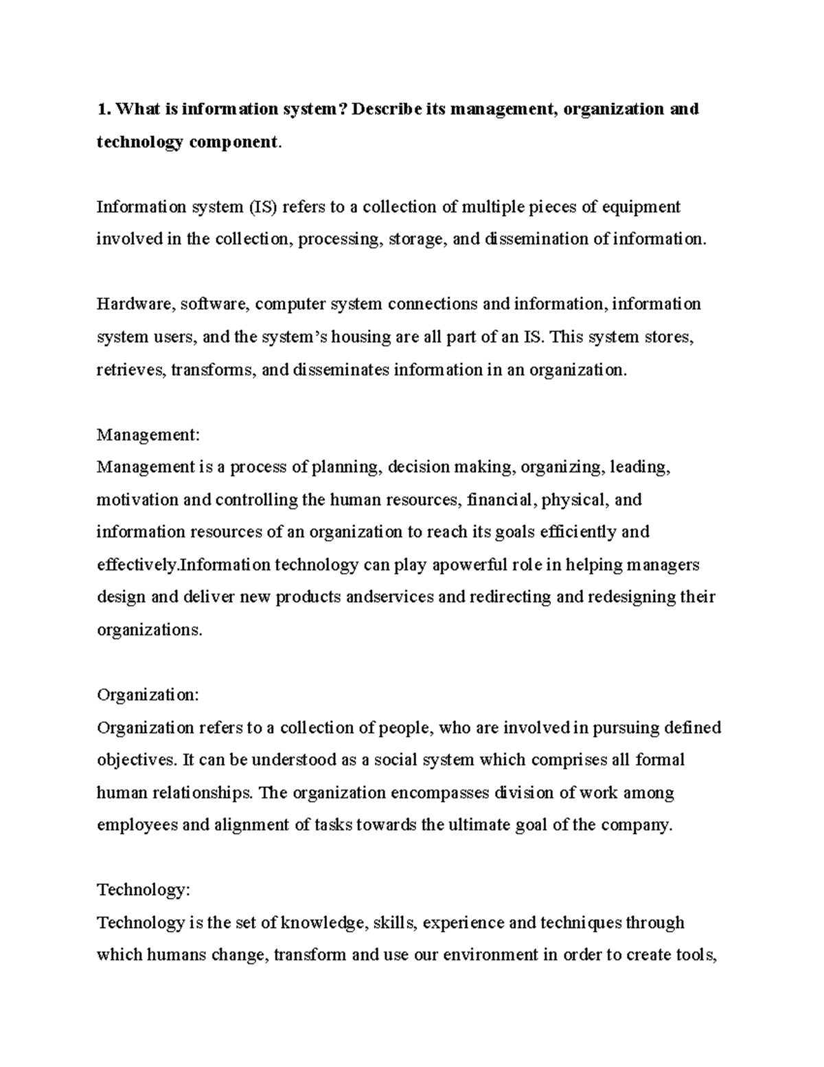 Chapter 1 Assignment 1 What Is Information System Describe Its