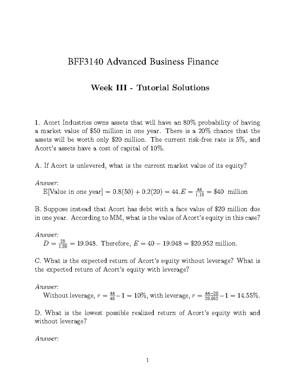 BFF3140 Week 3 Tutorial Solutions in Advanced Business Finance - Studocu