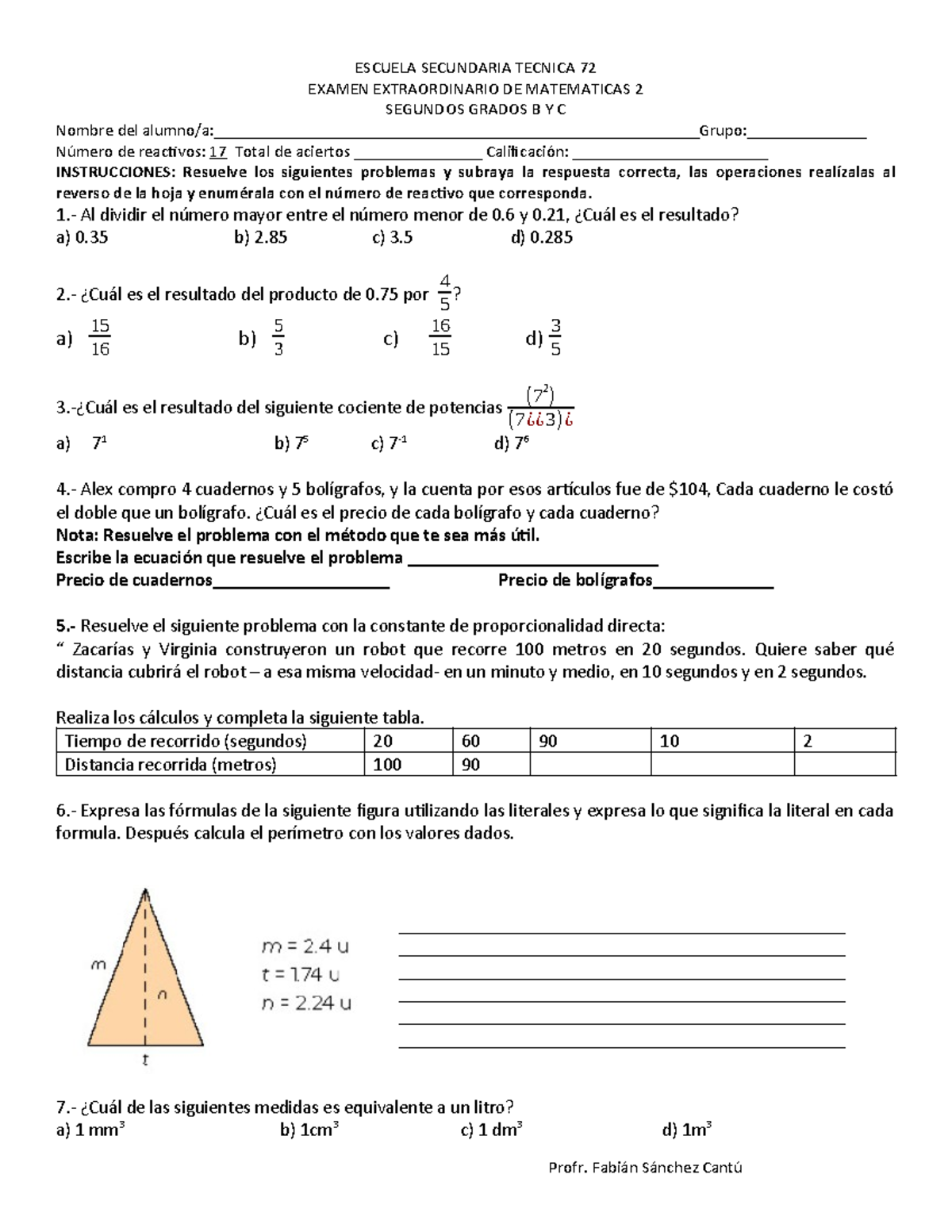 Examen Extraordinario de Matemáticas 2 - ESC. TÉCNICA 72 - Studocu