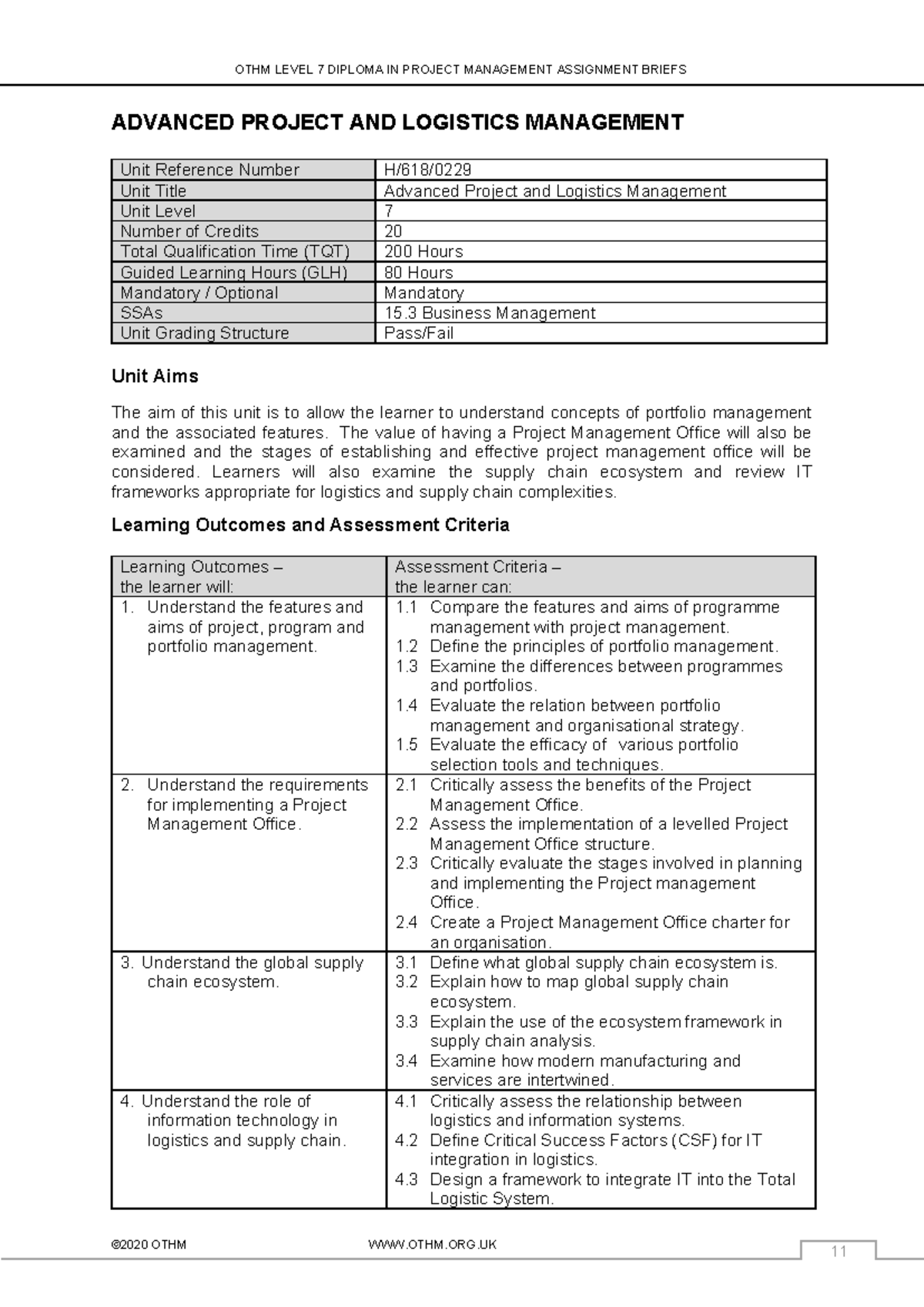 OTHM Level 7 Diploma: Unit 3 Assignment Brief in Advanced Project ...