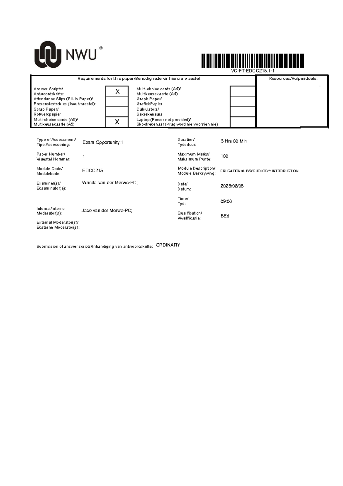 EDCC215 Final Exam Paper 1 - Instructions and Case Study Analysis - Studocu