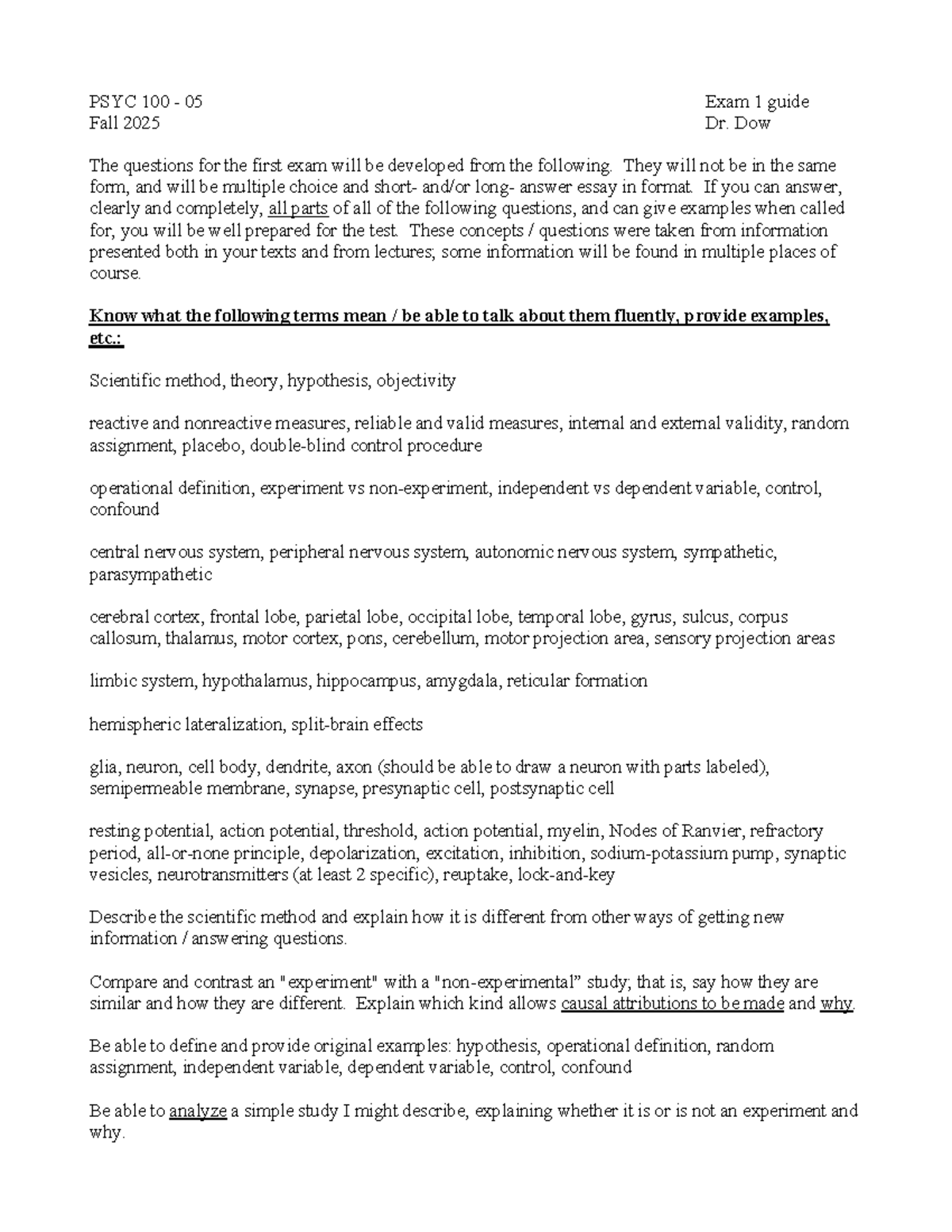 PSYC 100 - 05 Fall 2025 Exam 1 Study Guide: Key Concepts & Terms - Studocu