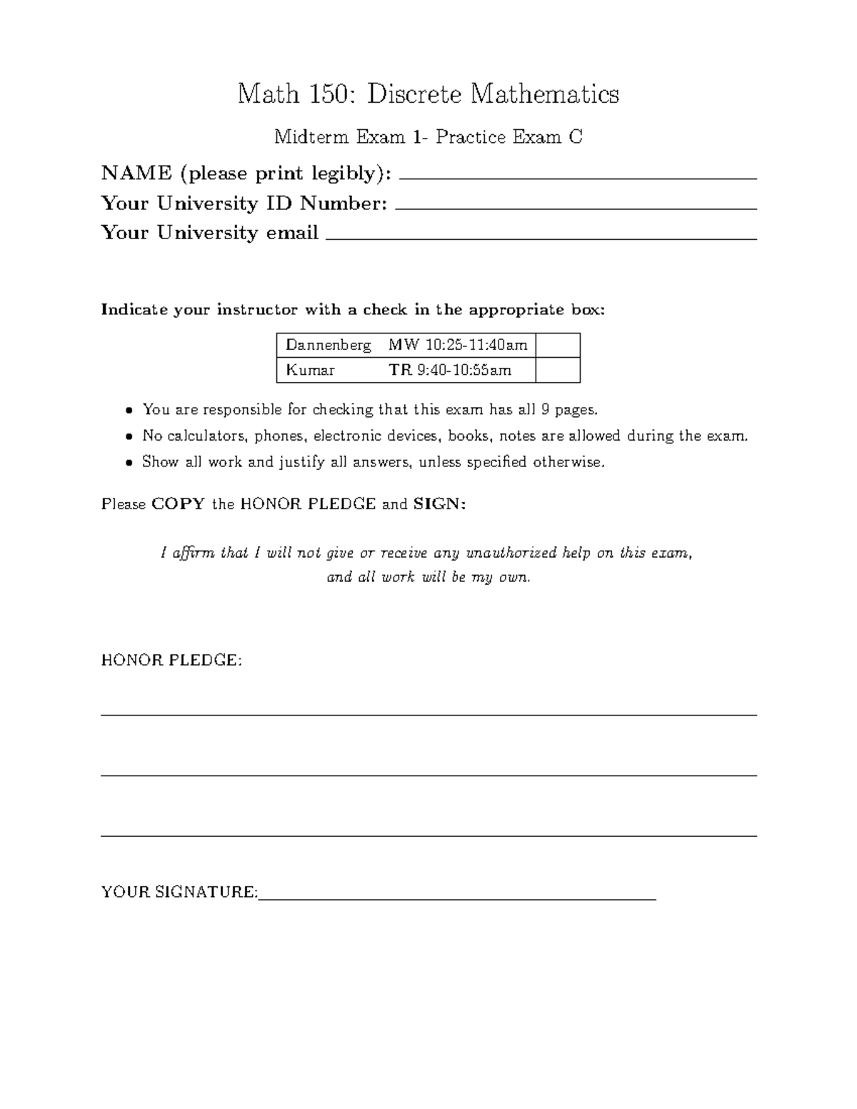 Math 150: Discrete Mathematics Midterm Exam 1 Practice Exam C - Studocu