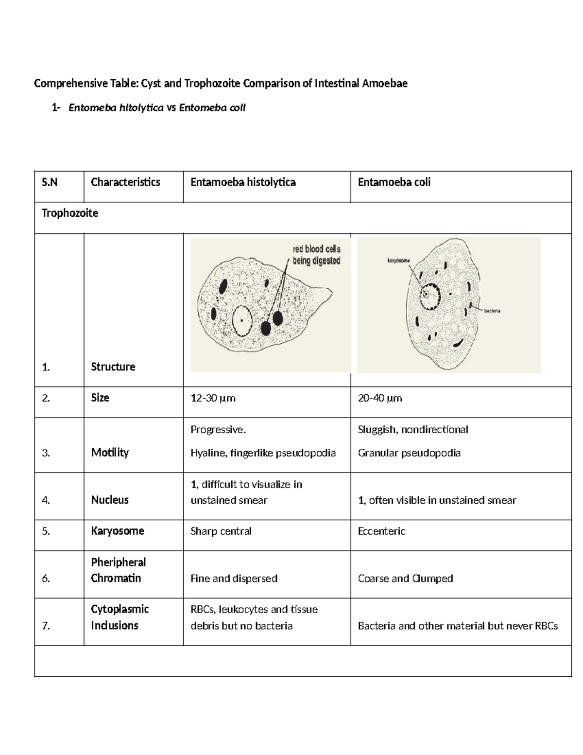 CST 101: Cyst and Trophozoite Comparison of Intestinal Amoebae - Studocu