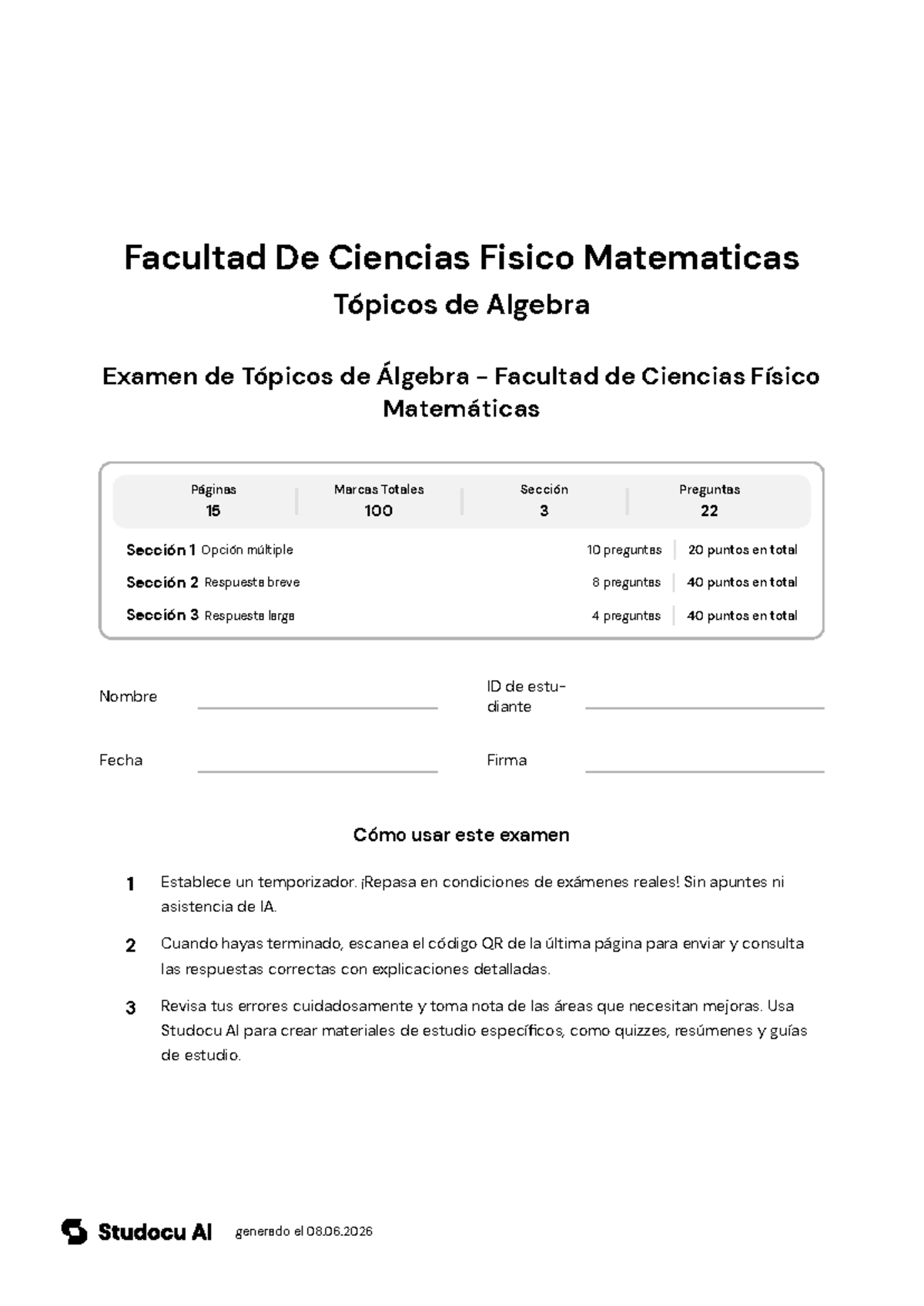 Examen de Tópicos de Álgebra - Final Exam - Studocu