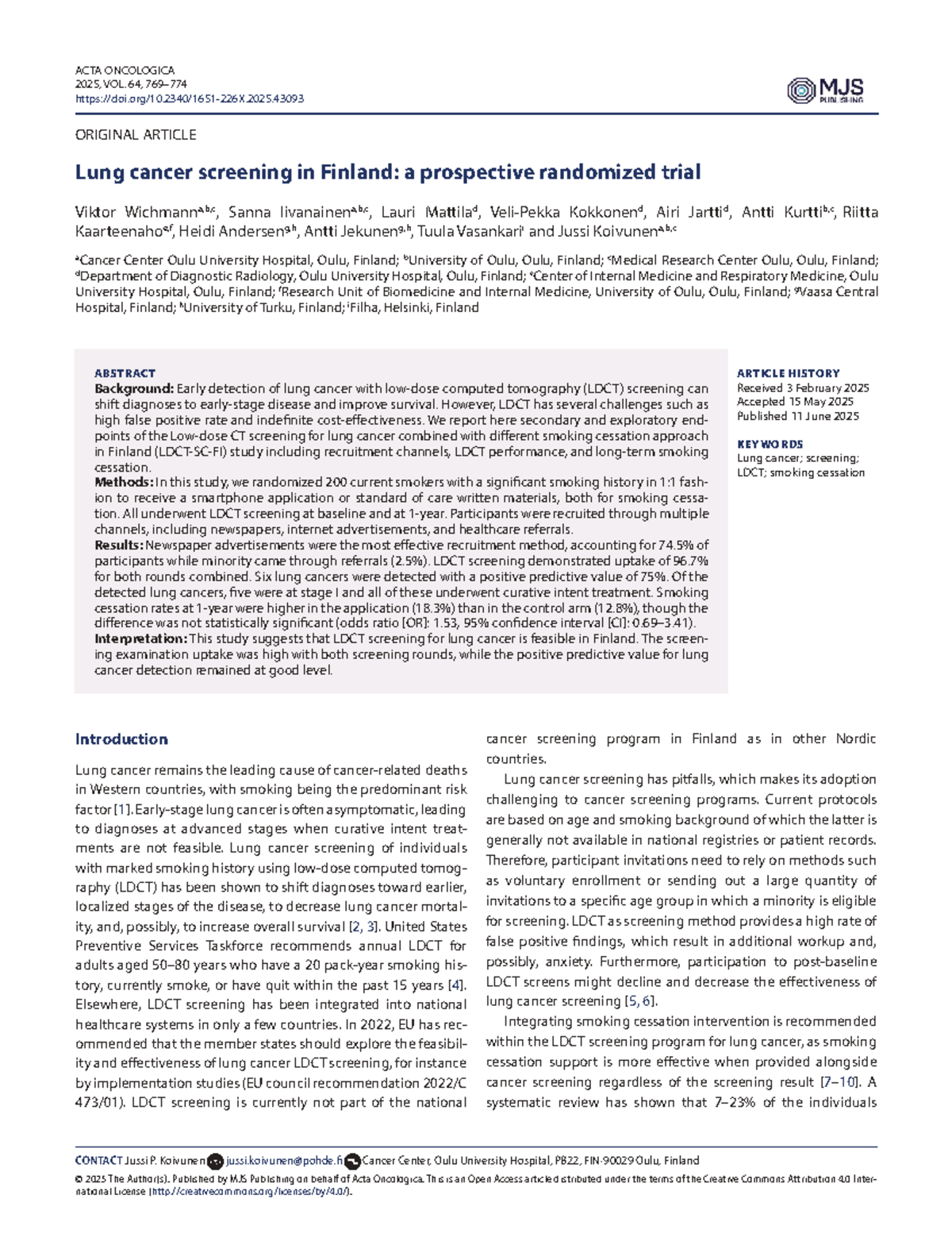 Lung Cancer Screening in Finland: A Prospective RCT (AO43093) - Studocu