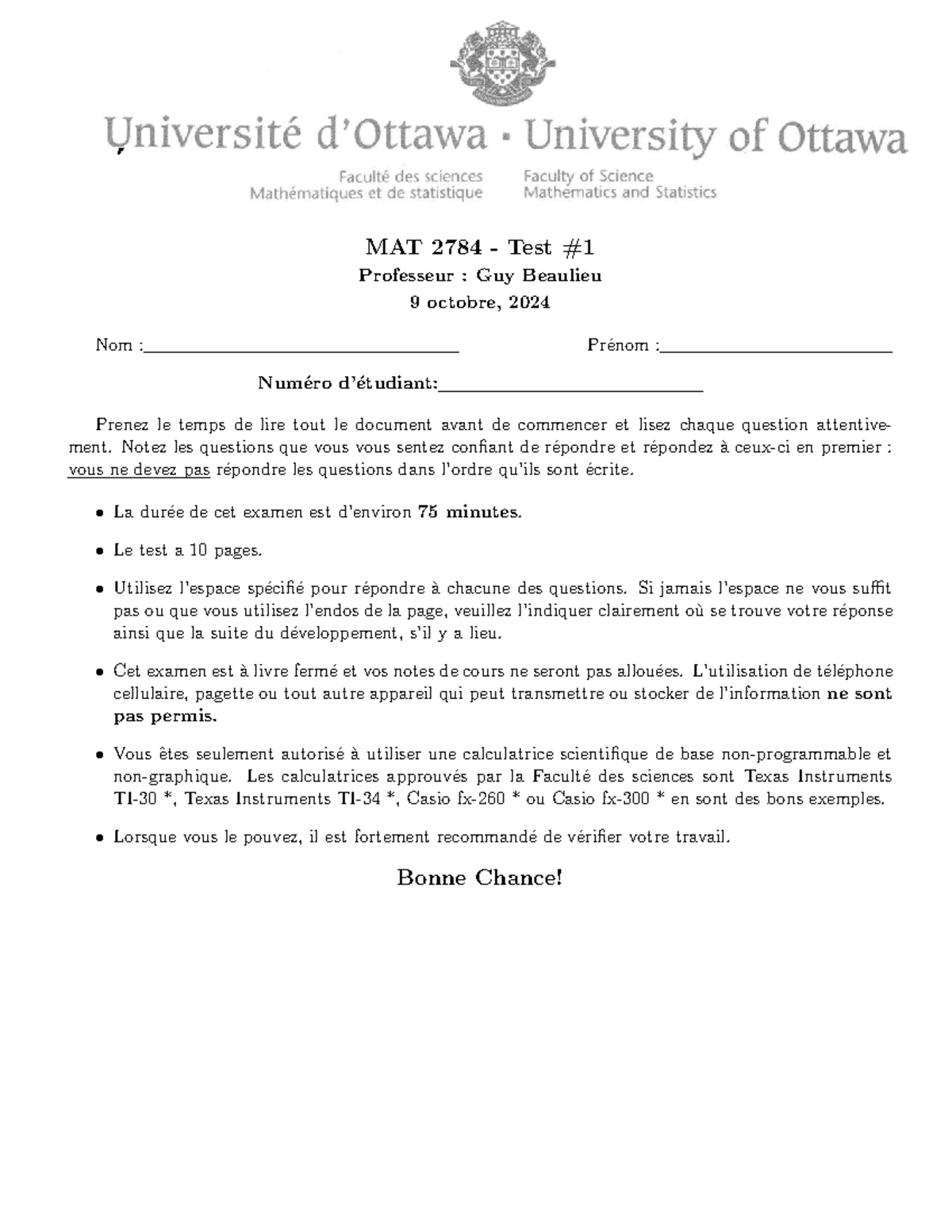 MAT 2784 Test 1 Solutions - Prof. Guy Beaulieu, Oct 9, 2024 - Studocu