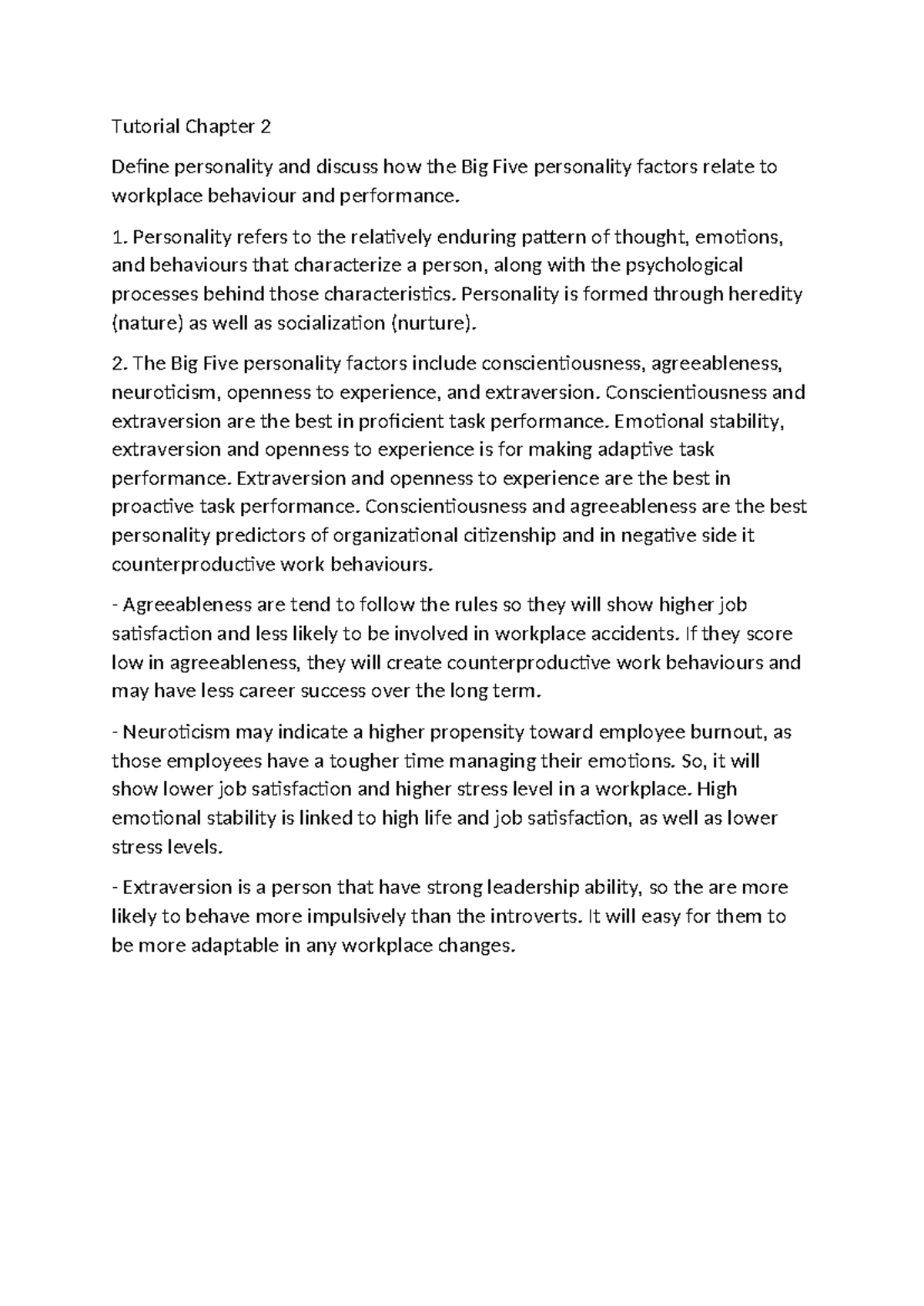 Tutorial Chapter 2 - The Big Five Personality Factors in Workplace ...