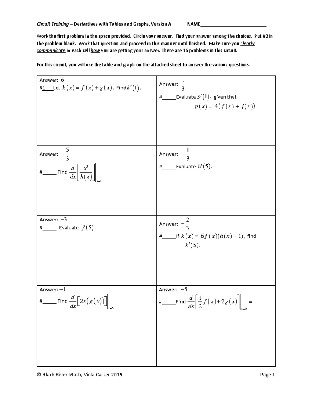 Circuit Training: Derivatives with Tables and Graphs (Version A) - Studocu