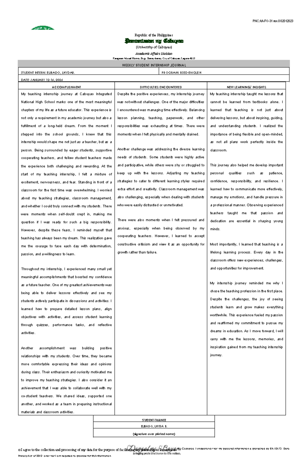 Weekly Student Internship Journal - ELIBADO, LHYDA B. - Studocu