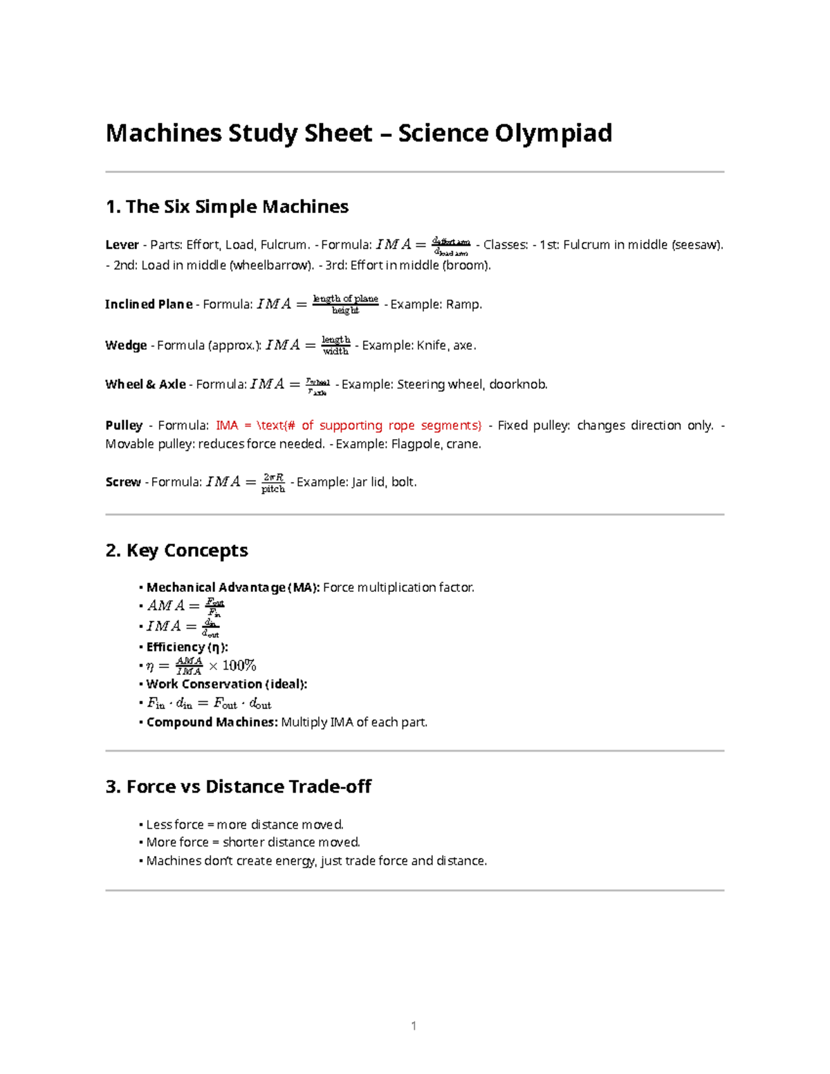 Machines Cheatsheet: Science Olympiad Study Guide - Studocu