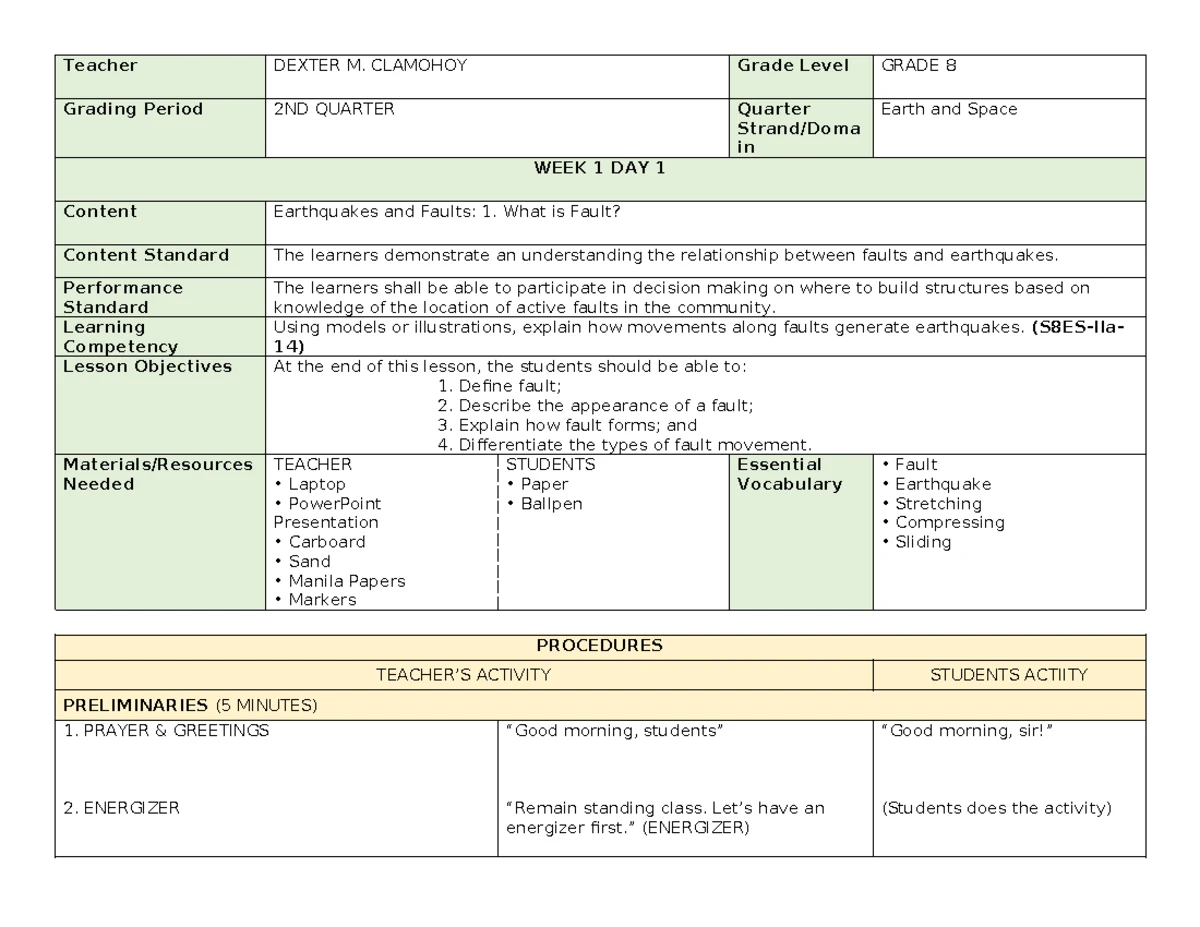 Grade 8 Earth and Space Lesson Plan 7E: Understanding Earthquakes - Studocu