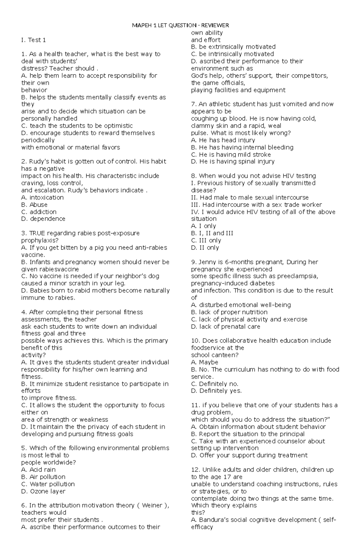 MAPEH 1 LET Question - Comprehensive Reviewer for Health Topics - Studocu