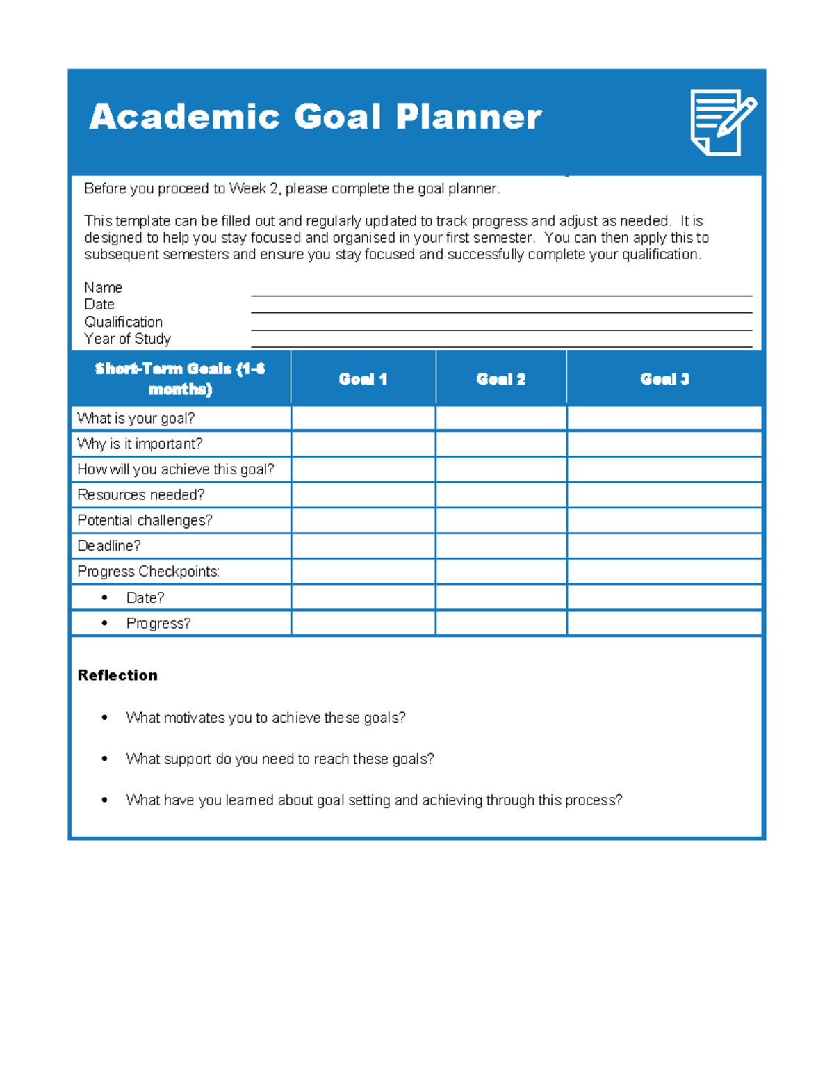 Academic Goal Planner Template for First Semester Success - Studocu