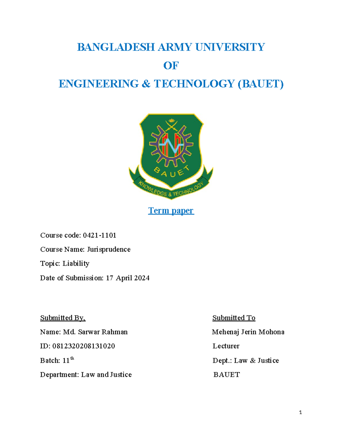 BAUET Jurisprudence Term Paper: Understanding Types of Liability - Studocu