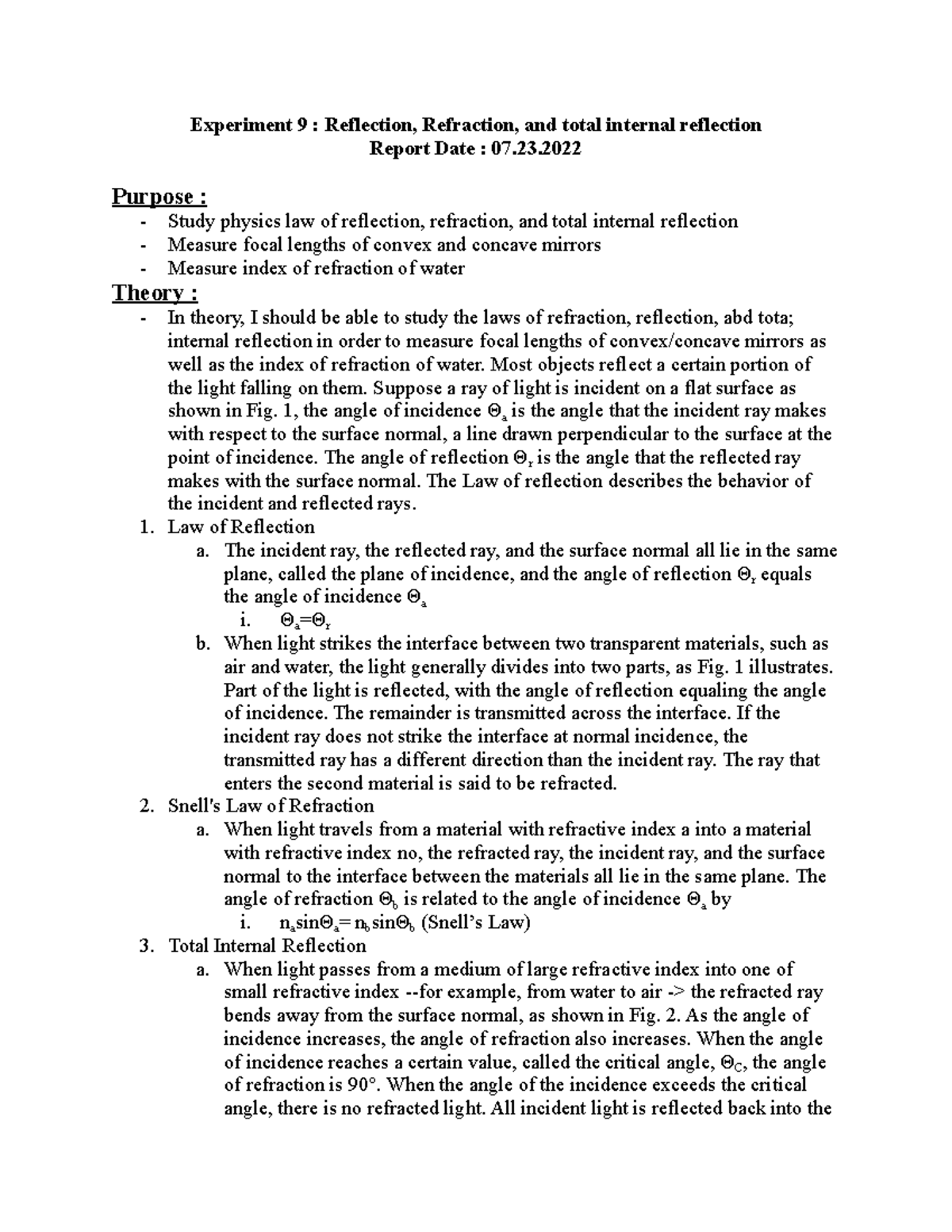 Experiment 9: Reflection, Refraction & Total Internal Reflection Report ...