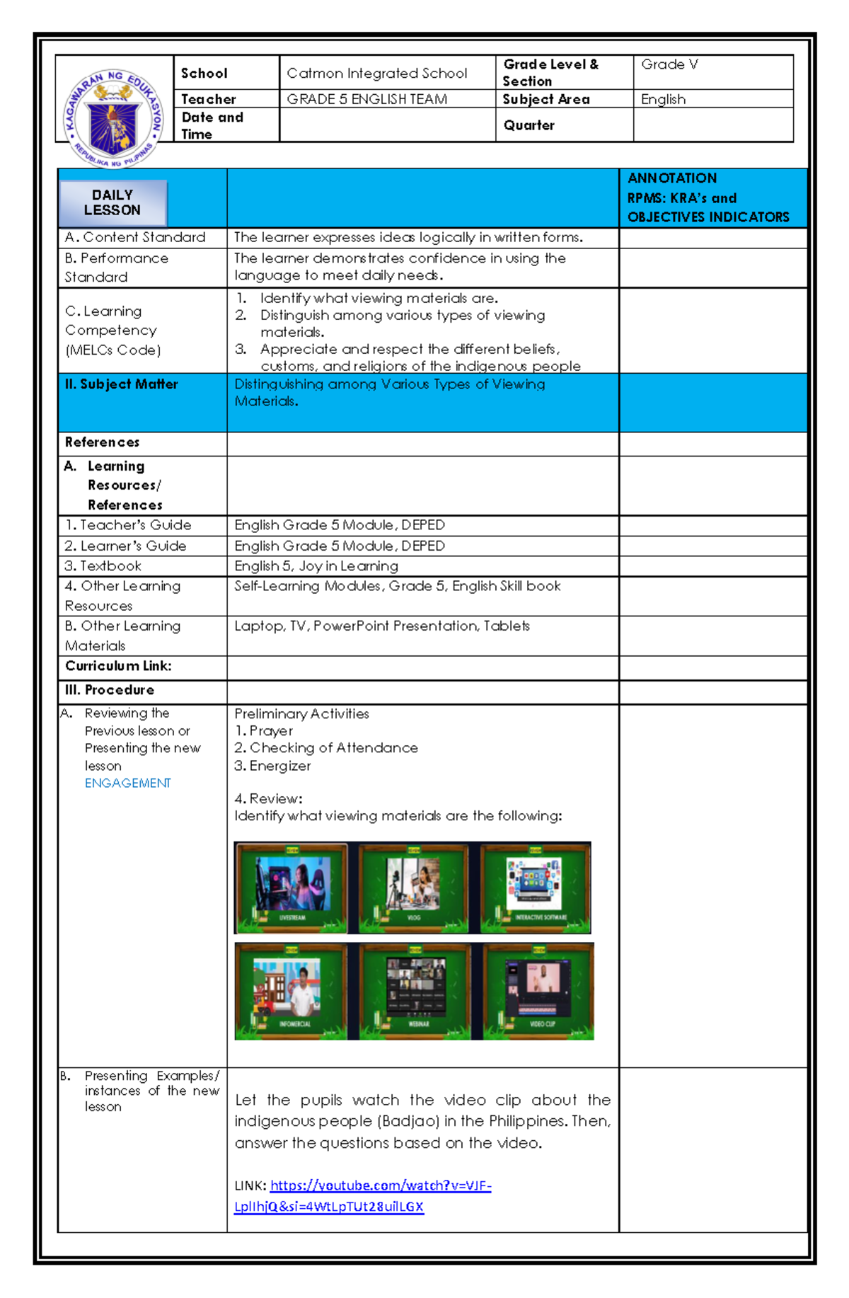 LAC- Output- English 5 - N/A - I. Objectives ANNOTATION RPMS: KRA’s and ...