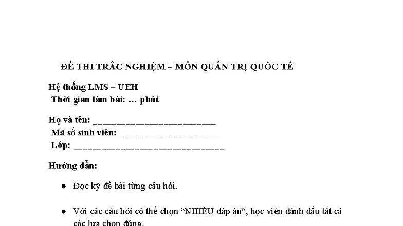 Đề giữa kì QTQT 2 - Bsbshs - ĐỀ THI TRẮC NGHIỆM – MÔN QUẢN TRỊ QUỐC TẾ ...