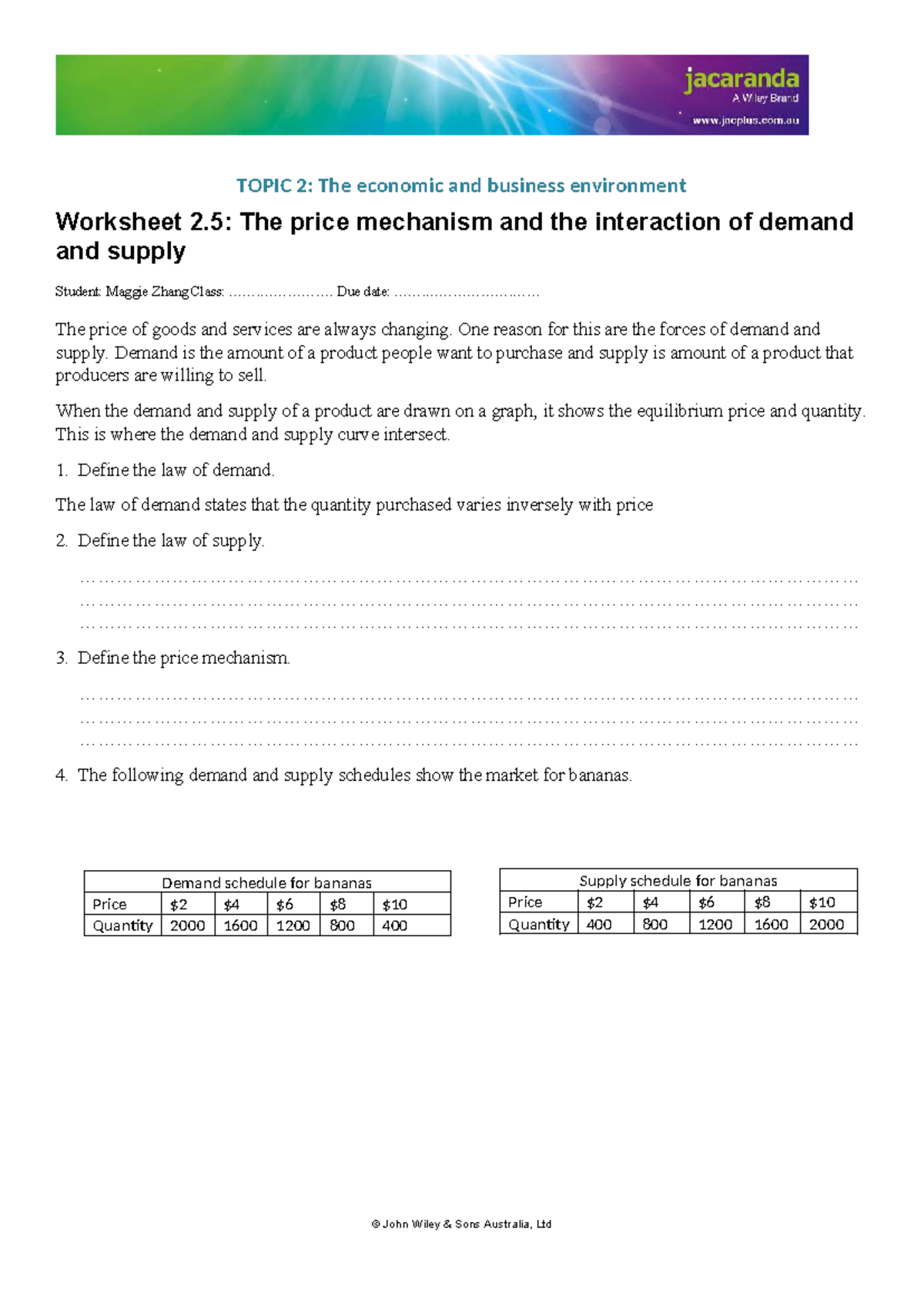 Worksheet 2.5: Price Mechanism & Demand-Supply Interaction - Studocu