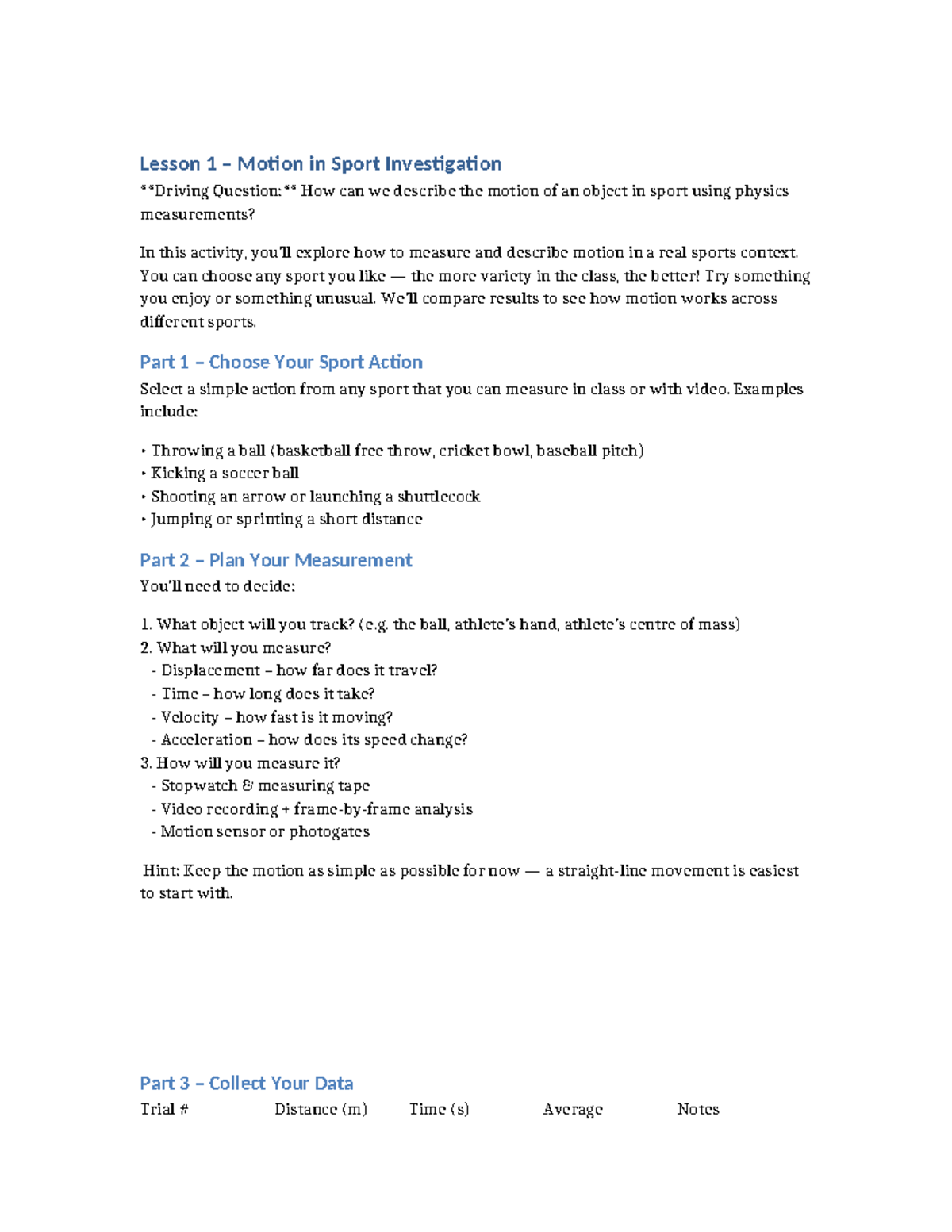 Lesson 1: Investigating Motion in Sports Using Physics Measurements ...