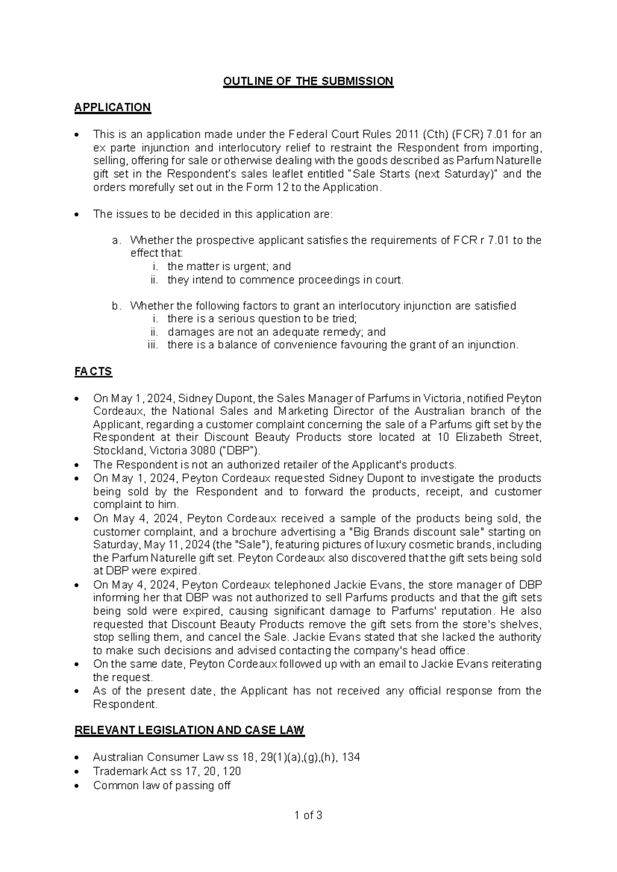 Submission 2.2 Outline: Application for Ex Parte Injunction & Relief - Studocu